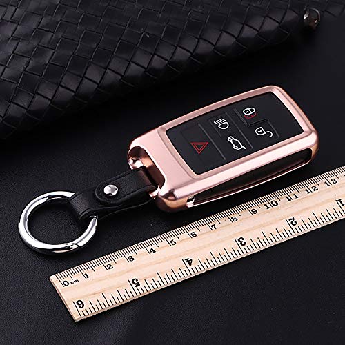 ontto Compatible with Land Rover Key Fob Cover Fit for Range Rover Leather Aluminum Alloy Key Case Skin Shell Protector with Keyring Keychain Pink