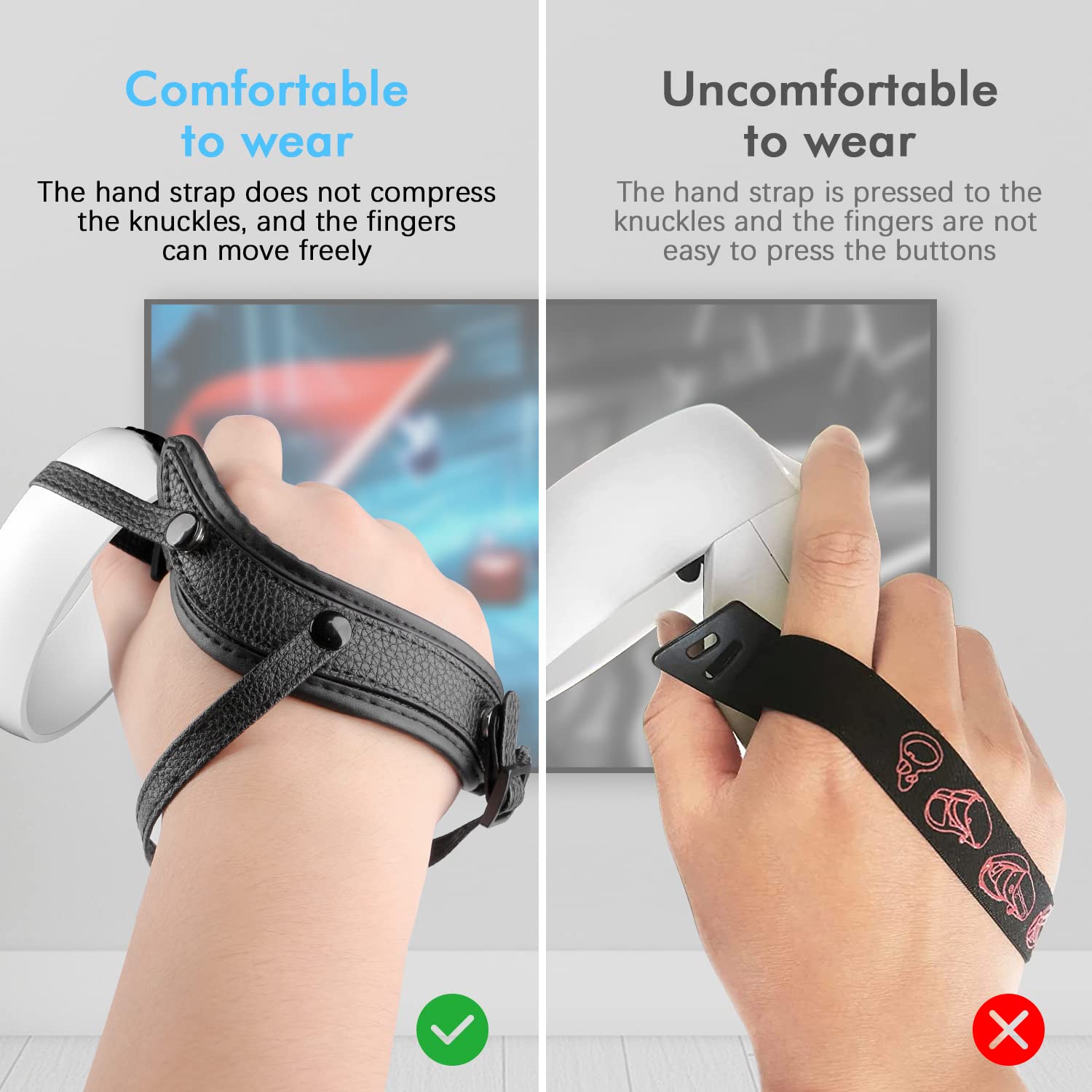 Touch Controller Grip Leather Cover for Oculus Quest 2, EWalos Double Protection Anti-Throw Silicone Handle Cover with PU Leather Knuckle Strap, DSLR Hand Strap Style Design(Black, 1 Pair)