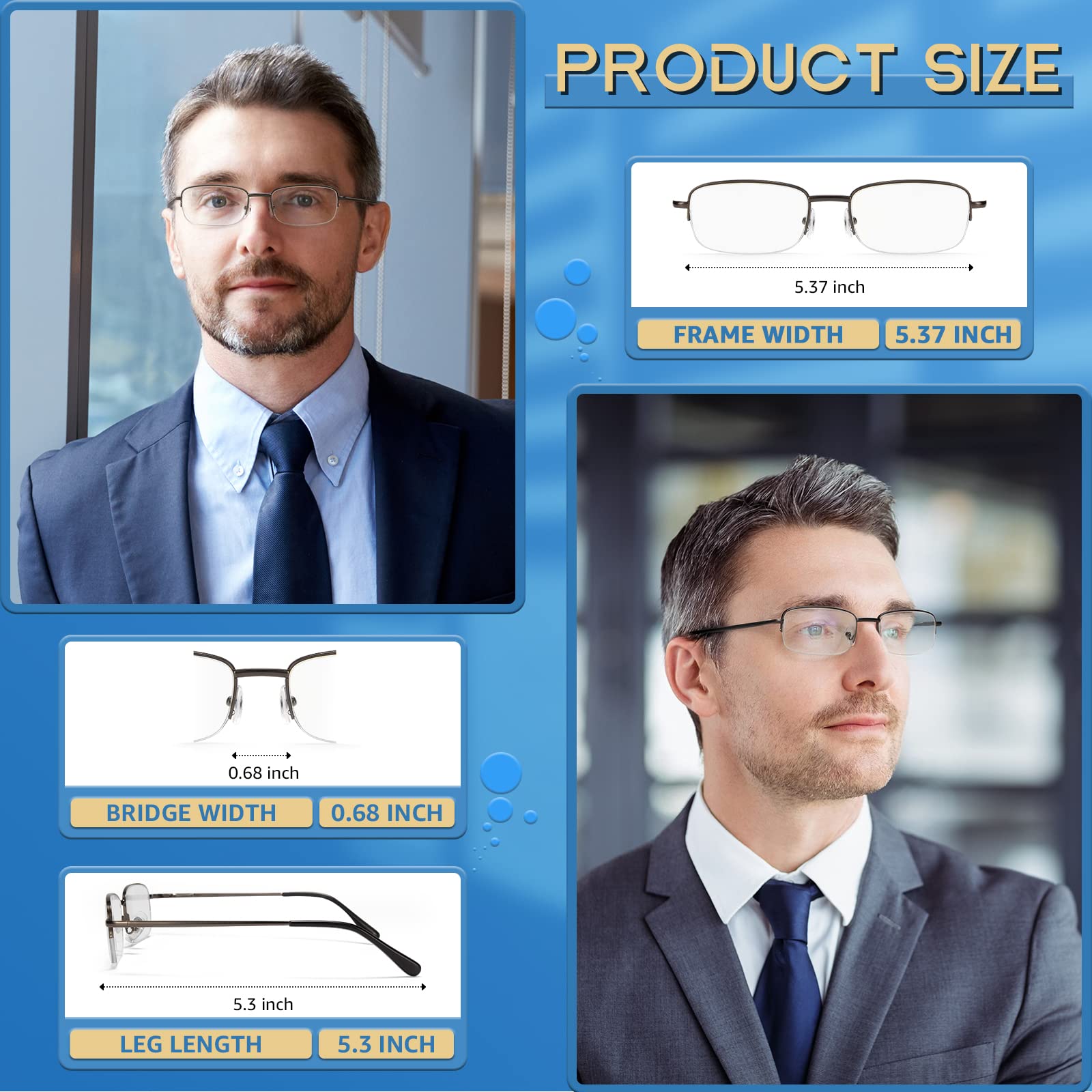 NOVIVON 5 Pack Reading Glasses for Men, Metal Blue Light Blocking Readers with Spring Hinges, Anti Eye Strain Eyeglasses (Gunmetal*2, Gold, Silver, Brown, 2.75)