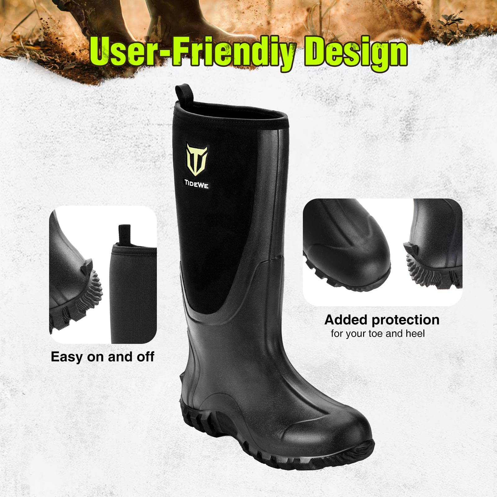 TIDEWE Rubber Boots for Men Multi-Season, Waterproof Rain Boots with Steel Shank, 6mm Neoprene Durable Rubber Outdoor Hunting Boots Size 9