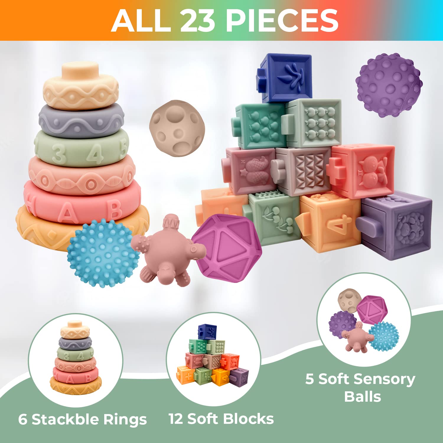 w Gemenis Baby Stacking and Nesting Toy Set β Soft Stack Rings, Educational Building Blocks, and Sensory Balls Squeeze and Learning Toys for Teething β Gift Ideas for Kids