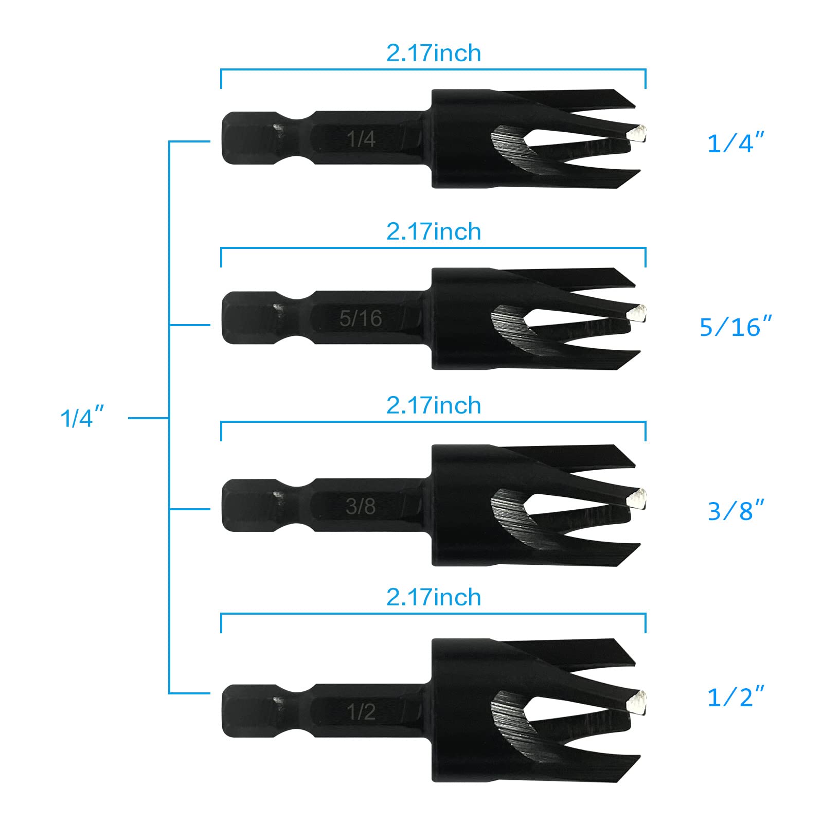 Wood Plug Cutters, 4 pcs Straight Wood Plug Cutters & 4 pcs Tapered Plug Cutters Set with 1/4 Hex Shank, Taper Cutting Tool Cork Drill Bit Knifes in 4 Sizes 1/4", 5/16", 3/8", and 1/2" Black