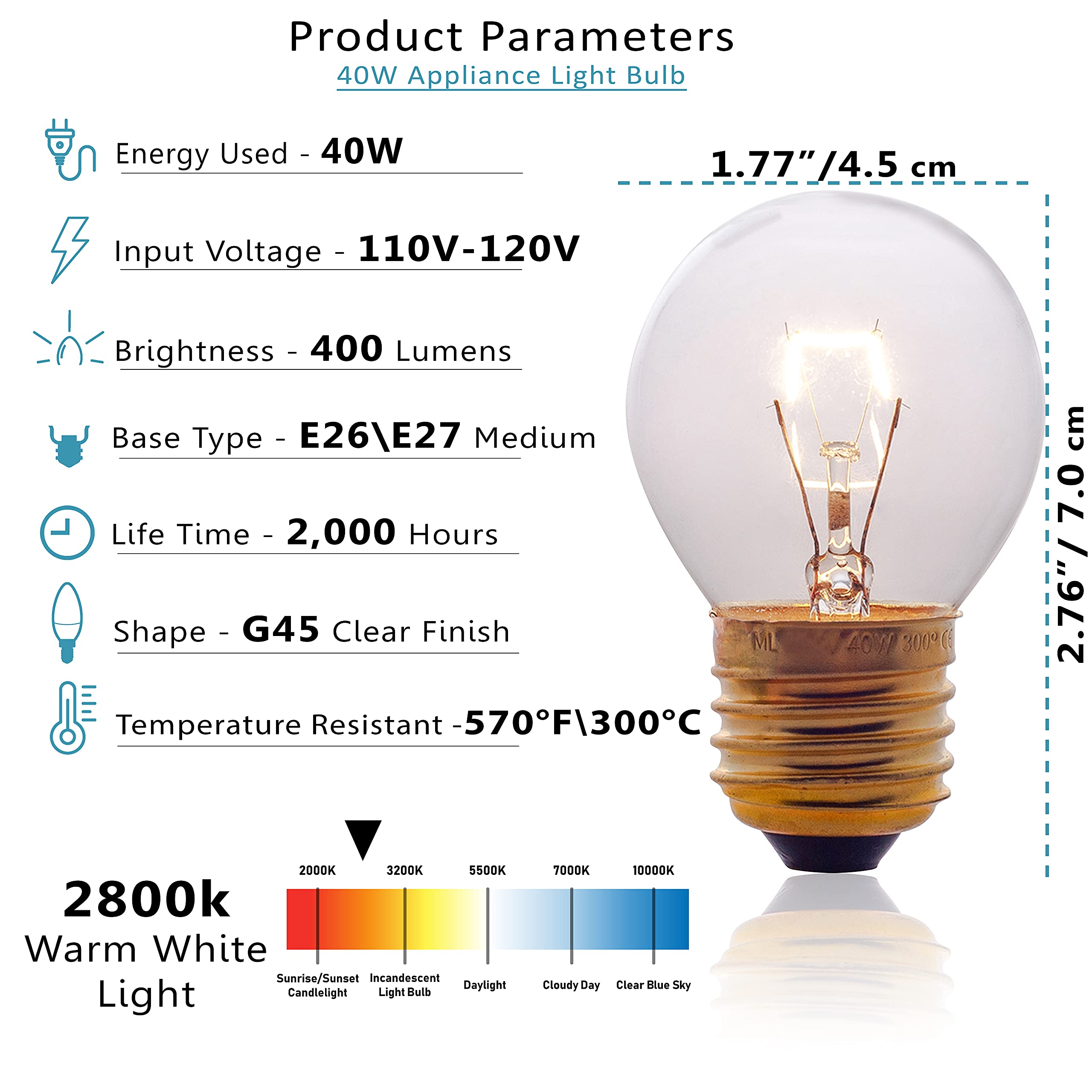 Oven Light Bulbs β 40 Watt Appliance Replacement Bulbs for Oven, Stove, Refrigerator, Microwave. High Temp G45 E26/E27 Socket. Standard Lead-Free Base - 400 Lumens β Warm White. 4 Pack