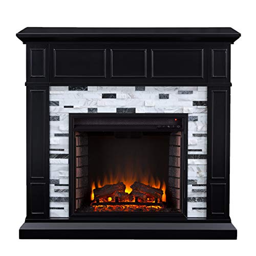 SEI Furniture Drovling Marble Tiled Electric Fireplace, Black-White-Gray