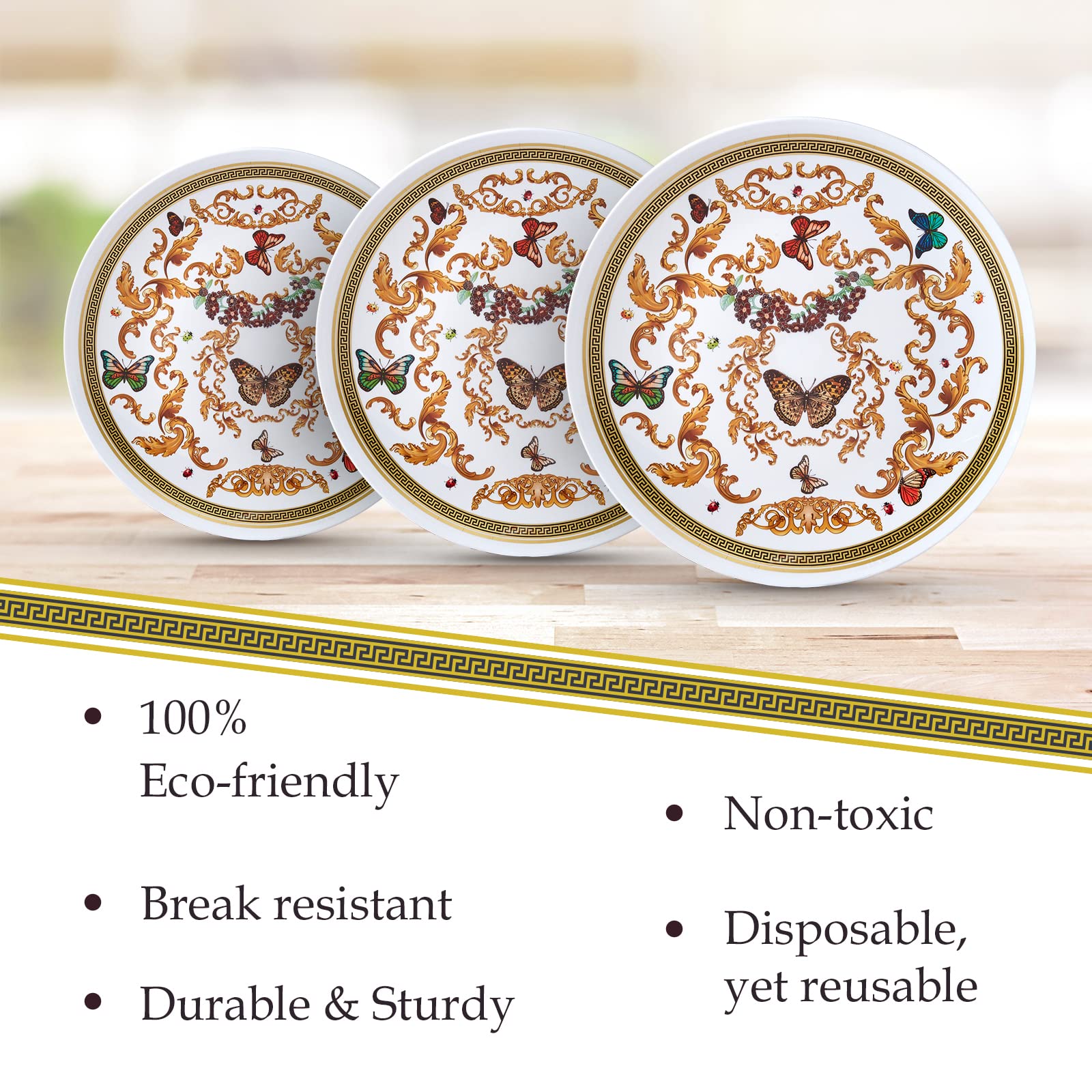 White and Gold Plastic Dessert Plates for Party (10 PC) Heavy Duty Disposable Dinner Set 7.5", Fine China Look Dishes for Baby Showers, Birthdays, Weddings, Holidays & Events - Versi Collection