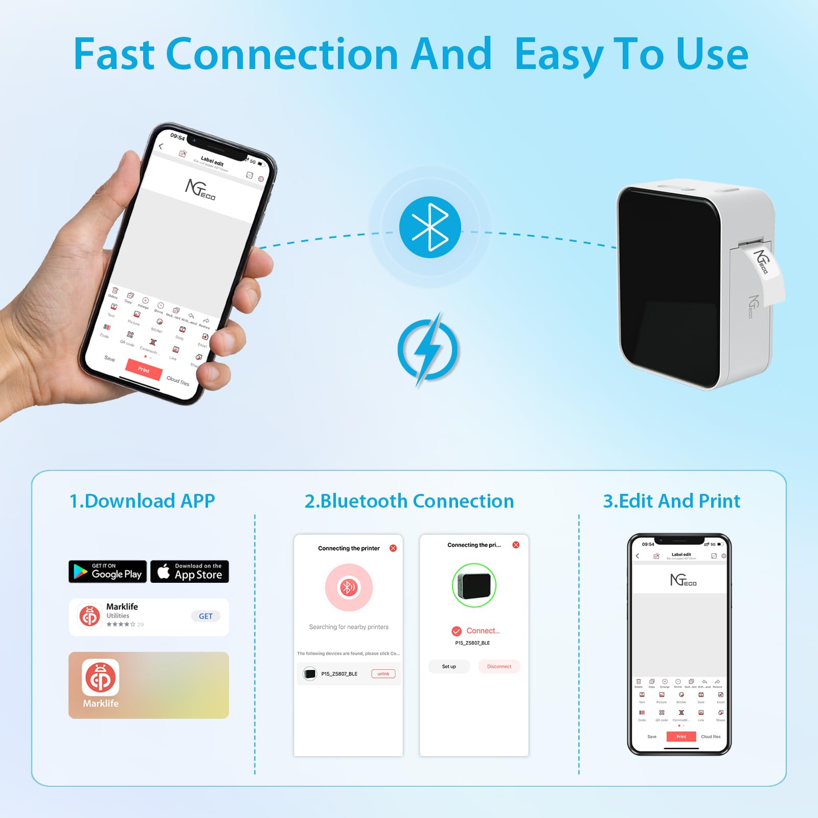 NGTeco Bluetooth Label Maker Machine with Tape, Portable Wireless Thermal Label Printer, Multiple Templates Font Icon for Home Storage, Office Organizing, Barcode (White)