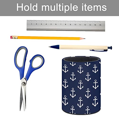 Naby Blue Anchor Pen Holder PU Leather Pencil Cup Cute Desk Organizer Makeup Brush Box for Home Office