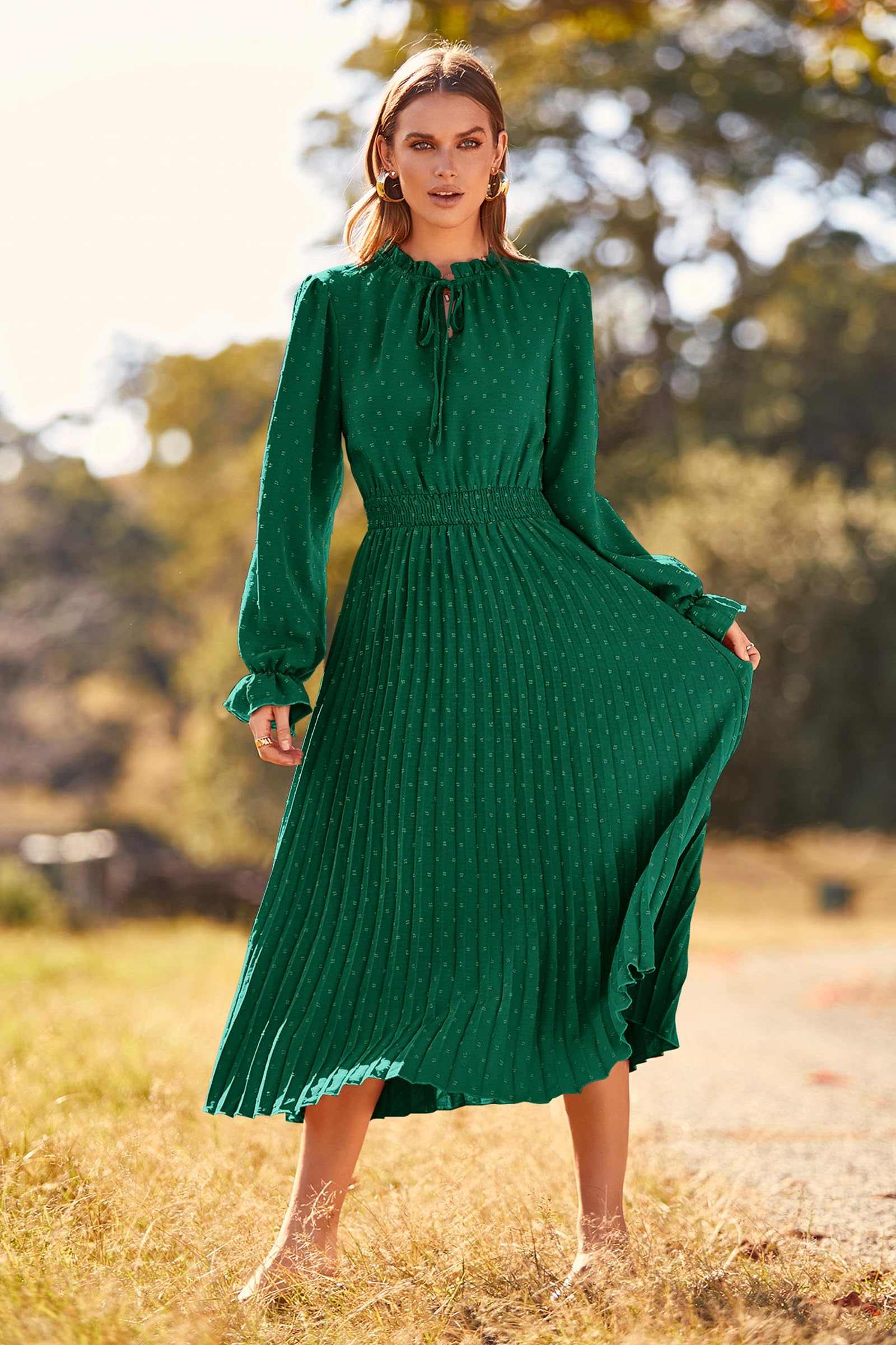 PRETTYGARDEN Women's 2024 Fall Midi Dress Casual Long Sleeve V Neck Swiss Dot Pleated A Line Flowy Dresses (Dark Green,Large)