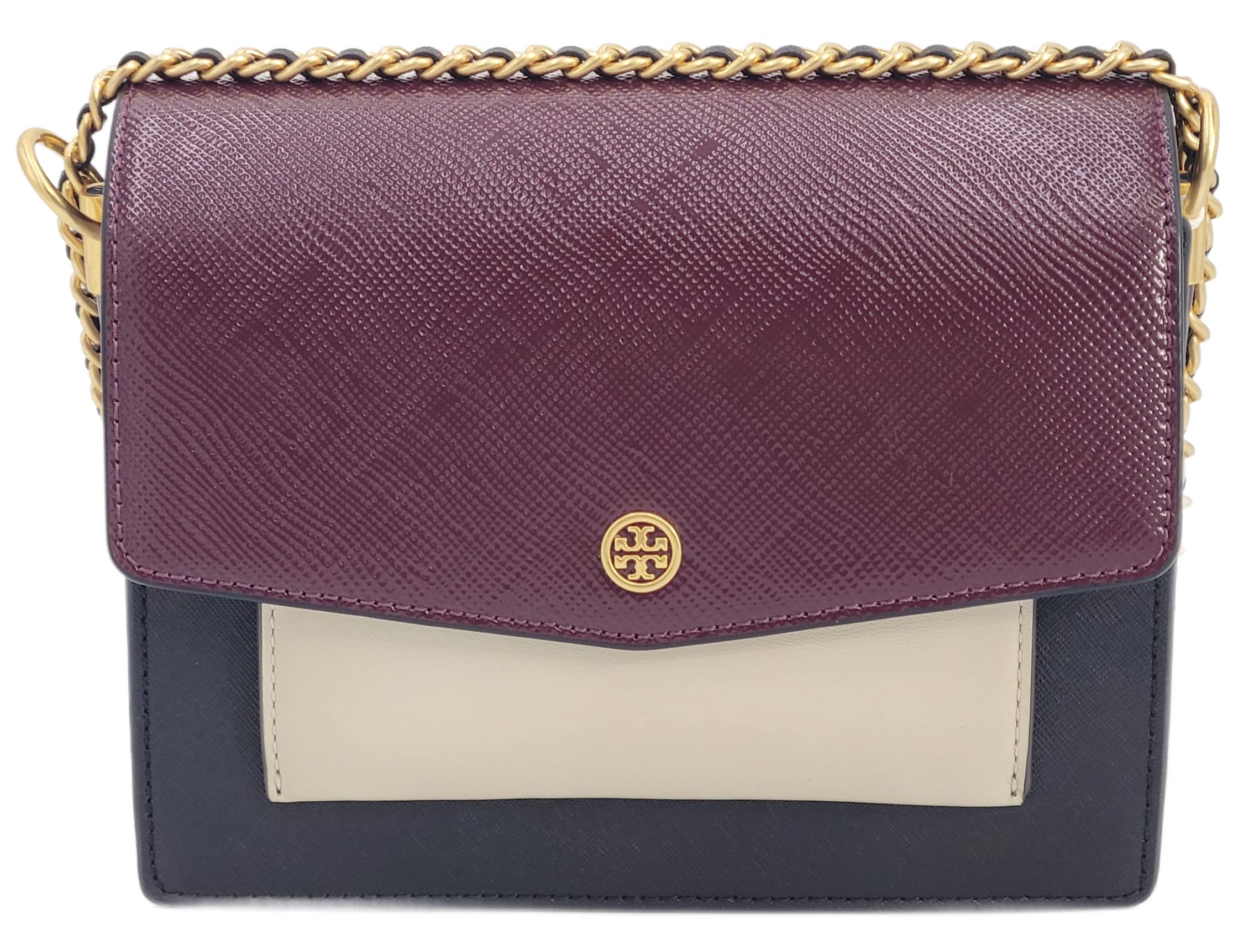 Tory Burch 145219 Robinson Black/Maroon Saffiano Leather Cream Off White Accent With Gold Hardware Women's Shoulder Crossbody Bag