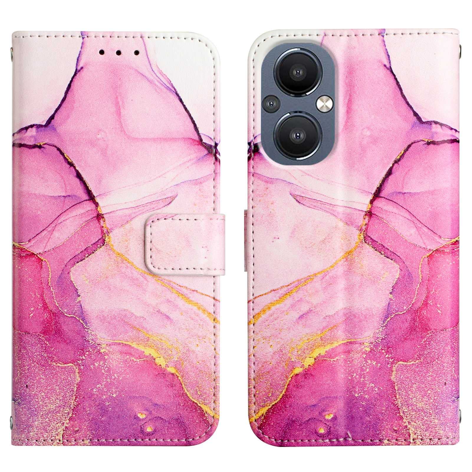 ONV Wallet Case for OnePlus Nord N20 5G - Long Neck Lanyard Marble Painted Stand Card Slot Leather Flip Case + TPU Inner Shell Cover for OnePlus Nord N20 5G [Marble] -Pink