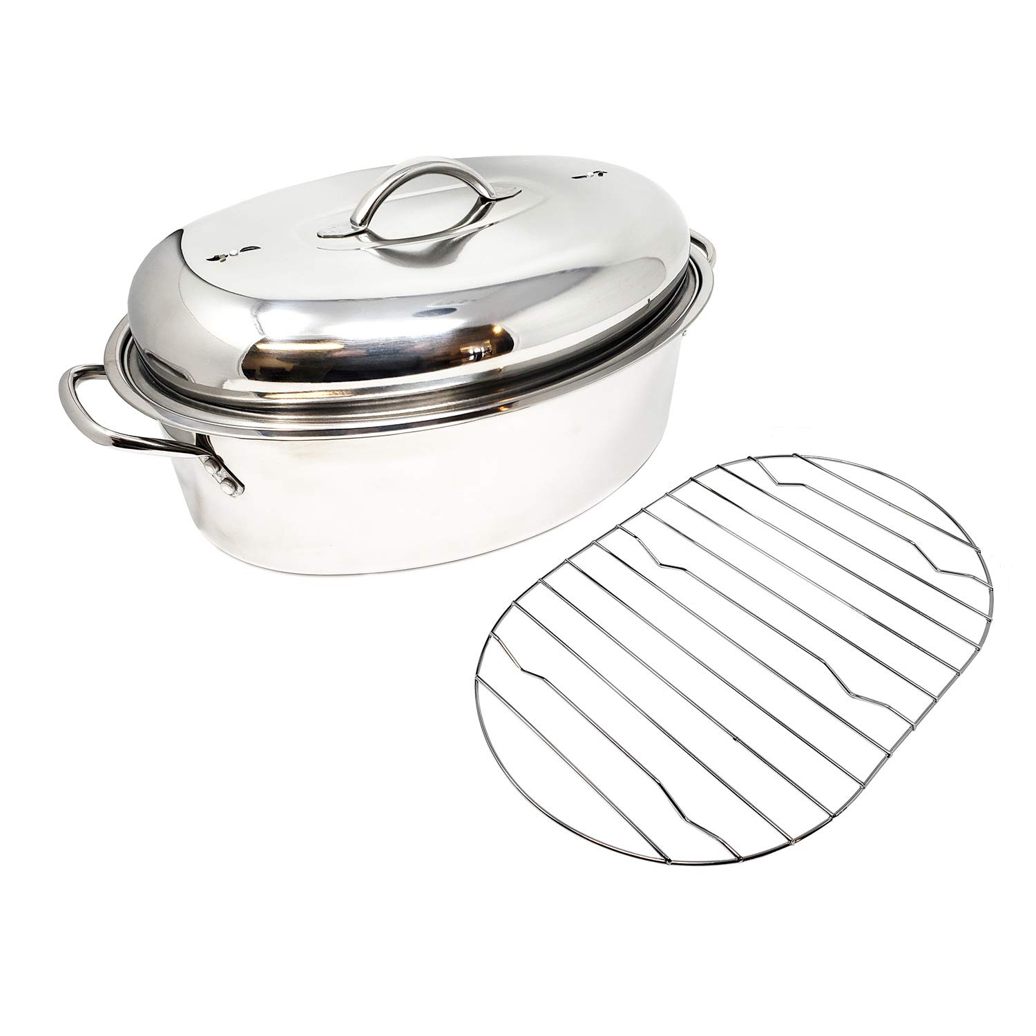 Stainless Steel Oval Lidded Roaster Pan Extra Large & Lightweight With Lid & Wire Rack | Multi-Purpose Oven Cookware High Dome | Meat Joints Chicken Vegetables 9.5 Quart Capacity