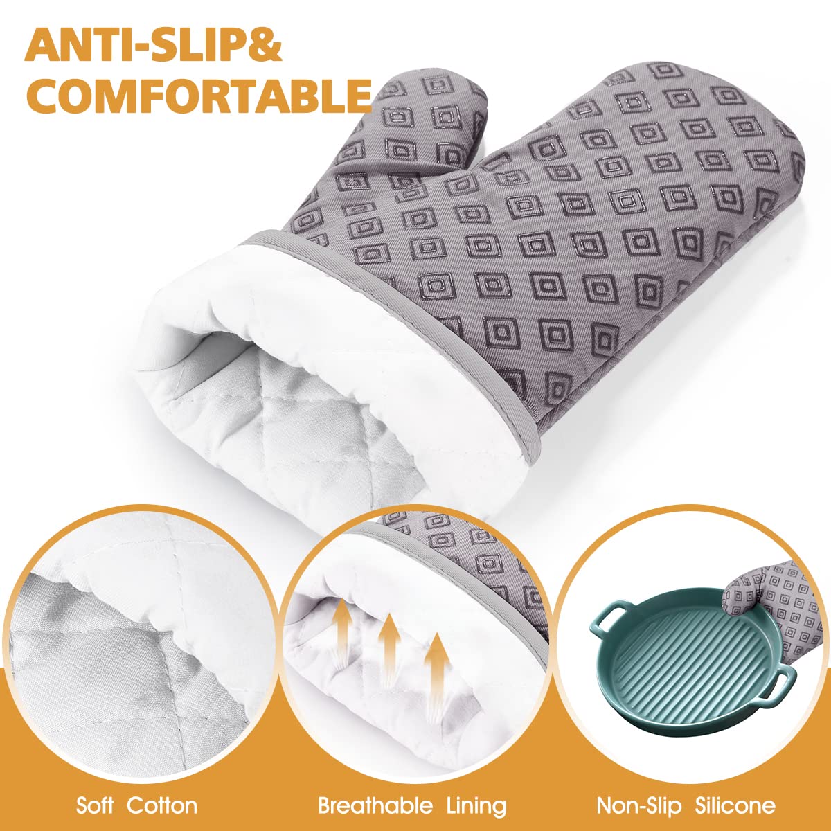 Oven Mitts and Pot Holders Kitchen: 500° Oven Gloves Silicone Ovenmitts Hotpads Set - Quilted Long Kitchen Mittens Potholders Washable Mits Hot Pads Flexibility for Baking