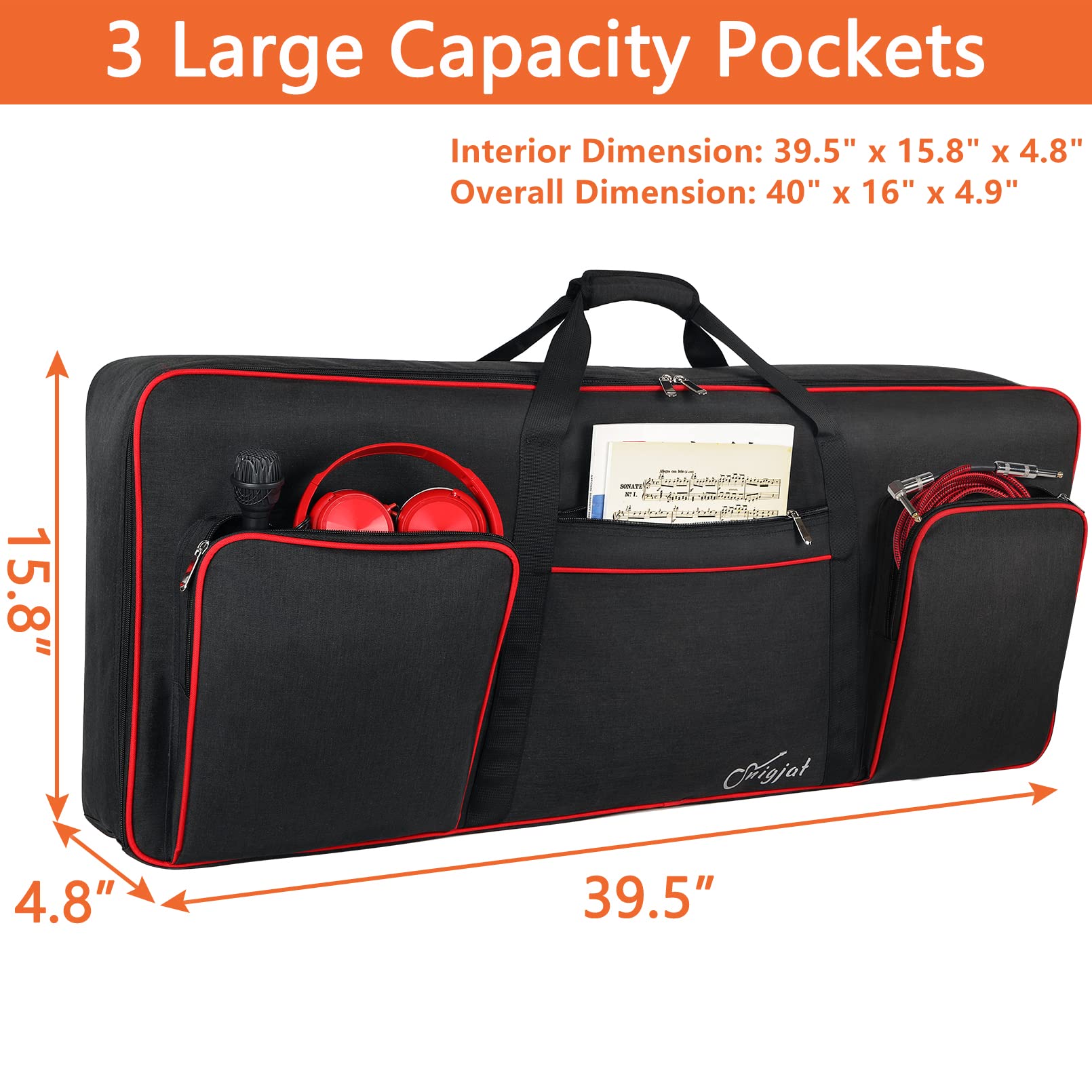 SNIGJAT 61 Key Keyboard Case Soft, Full Padded Piano Case with Handles and Adjustable Shoulder Straps, Waterproof Piano Keyboard Case with 3 Pockets for Accessories (Size: 39.5"x15.8"x4.8")
