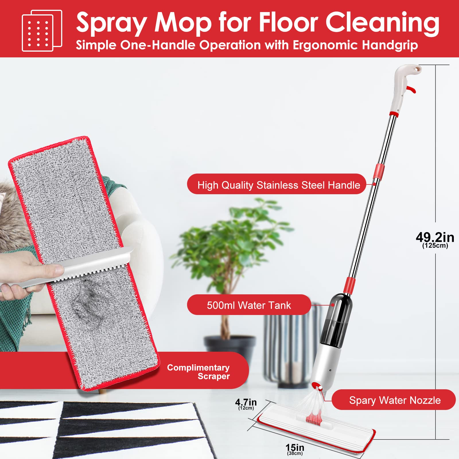 ZNM Spray Mop, Microfiber Flat Mops with 5 Washable Pads & 500ML Refillable Bottle, Hardwood Floor Mop with Spray, Wet Dry Mops for Wood, Laminate, Tile, Vinyl Floors Cleaning