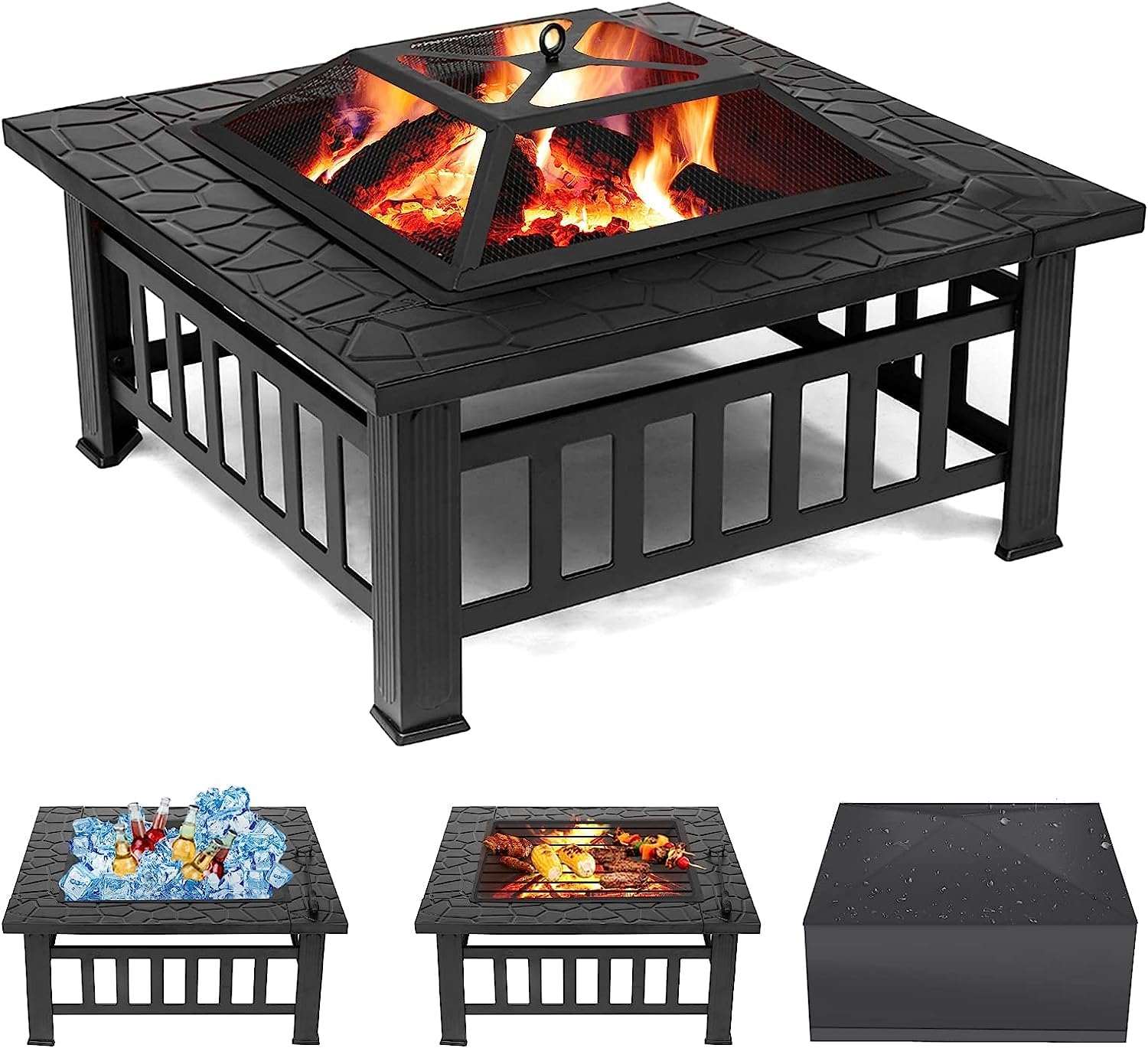 Anraja Fire Pit 32'' Wood Burning Firepit Metal Square Outdoor Fire Tables Steel BBQ Grill Fire Pit Bowl with Spark Screen Cover, Poker Log Grate for Patio Bonfire Camping Backyard Garden Picnic