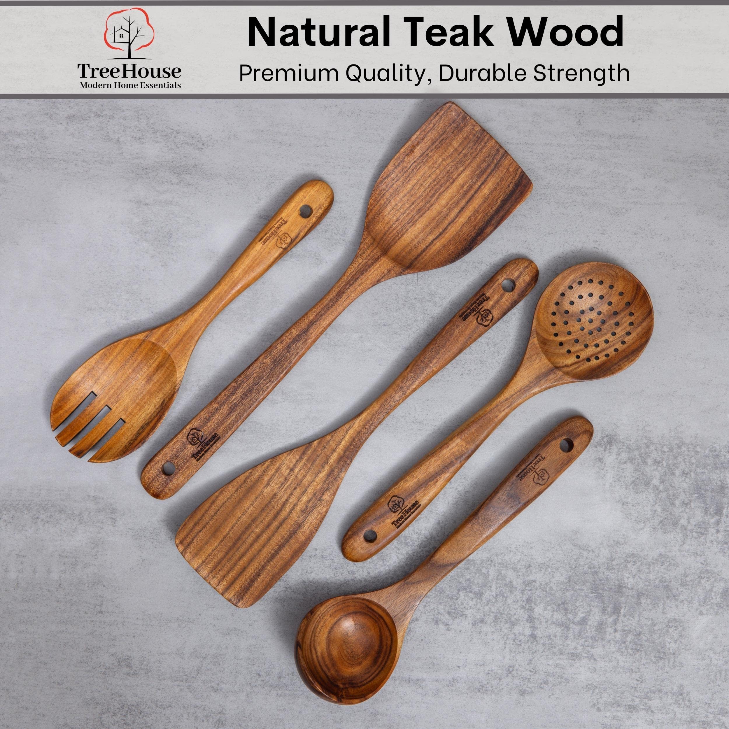 Natural Teak Wood Kitchen Gadgets use for Cooking Utensils Set, 6-Piece Wooden Spoons and Spatula with Holder, Nonstick and Healthy Kitchen Cookware for Comfortable Cooking Experience.