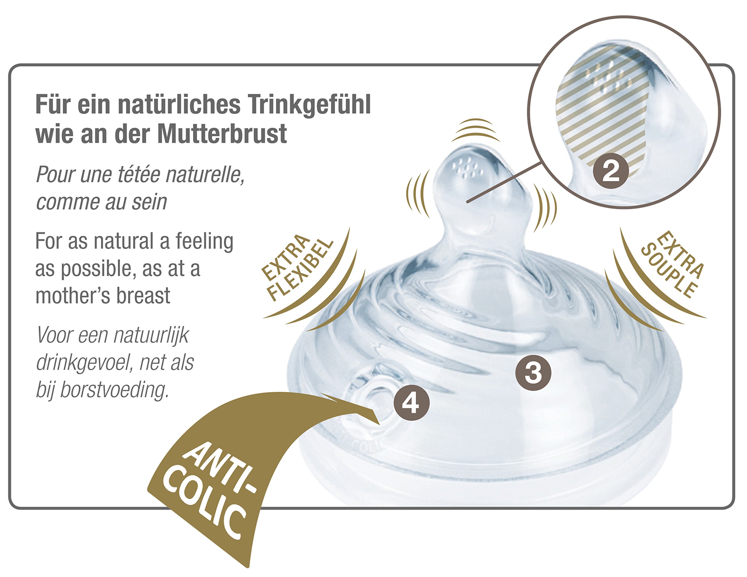 NUK Nature Sense Glass Bottle with Silicone 0-6 Months, S (3 Tiny Openings for Breast Milk, Tea, Water), Holds 120 m Blue