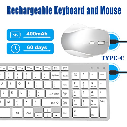 Wireless Keyboard and Mouse Combo Rechargeable USB Cordless Slim Compact Keyboard with Numeric Keypad and Ergonomic Silent Computer Mouse Set for Windows,PC,Laptop,MacBook,Chromebook-Silver White