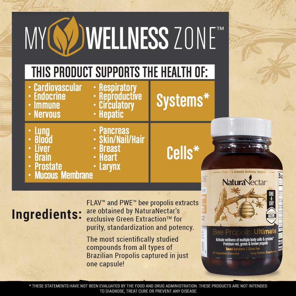 NaturaNectar Ultimate Bee Propolis | NSF Contents Certified | Premium Red, Green, Brown Brazilian Propolis | with Flavonoids and PWE | Ethical Beekeeping & Naturally Sourced | 60 veggie capsules
