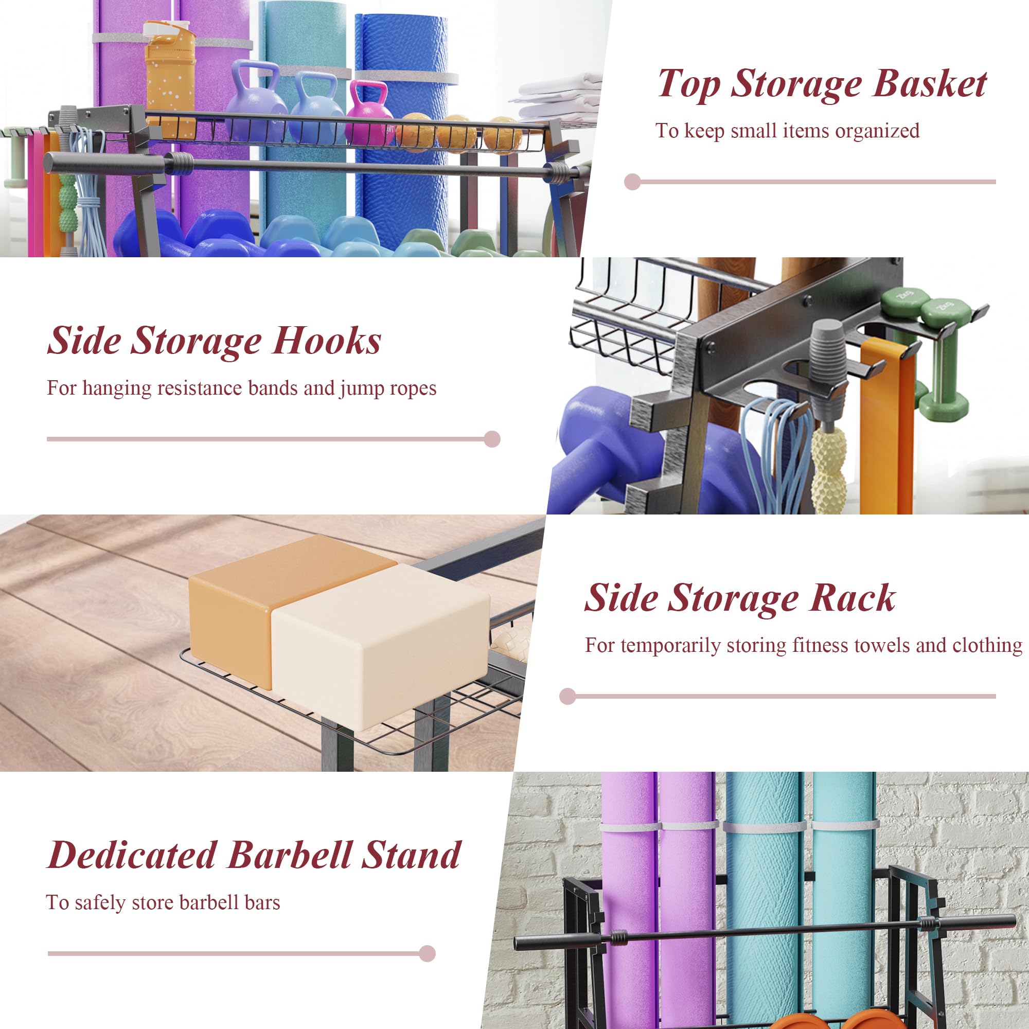 TIL Weight Rack for Dumbbells, Dumbbell Rack Weight Stand, Home Gym Storage for Dumbbells Kettlebells Yoga Mat and Balls, All in One Workout Storage, Workout Equipment Storage Rack with Hooks