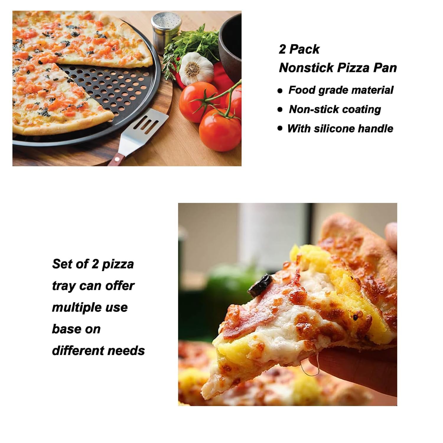 ZOEHROWS Pizza Pan for Oven (2 Pack) Round Pizza Pan with Holes - Non-Stick Carbon Steel Pizza Tray with Silicone Handles - for Cooking, Baking, and Grilling - Dishwasher Safe
