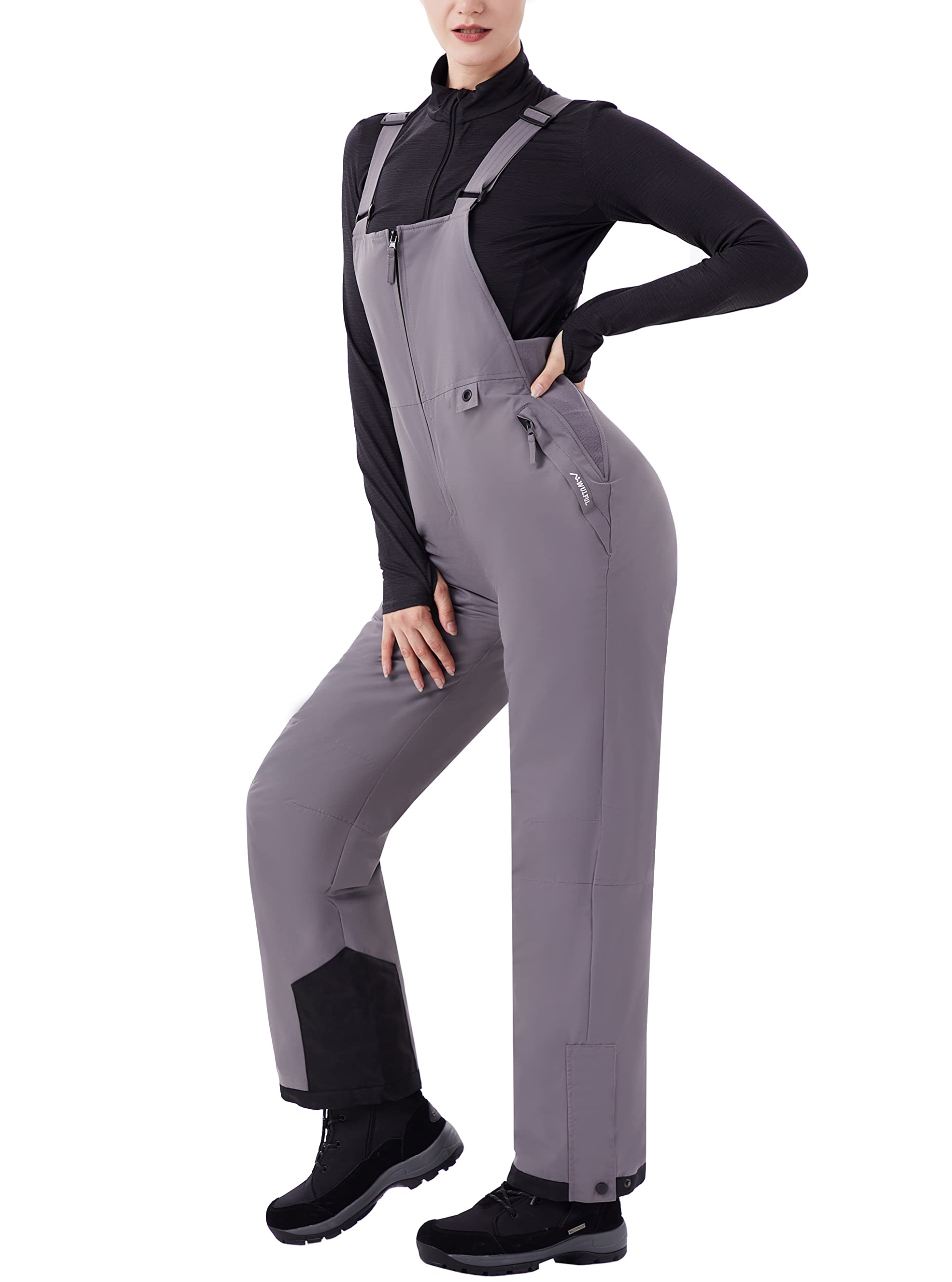 WULFUL Womens Insulated Snow Bibs Waterproof Winter Ski Pants Snowboarding Overalls Dark Grey
