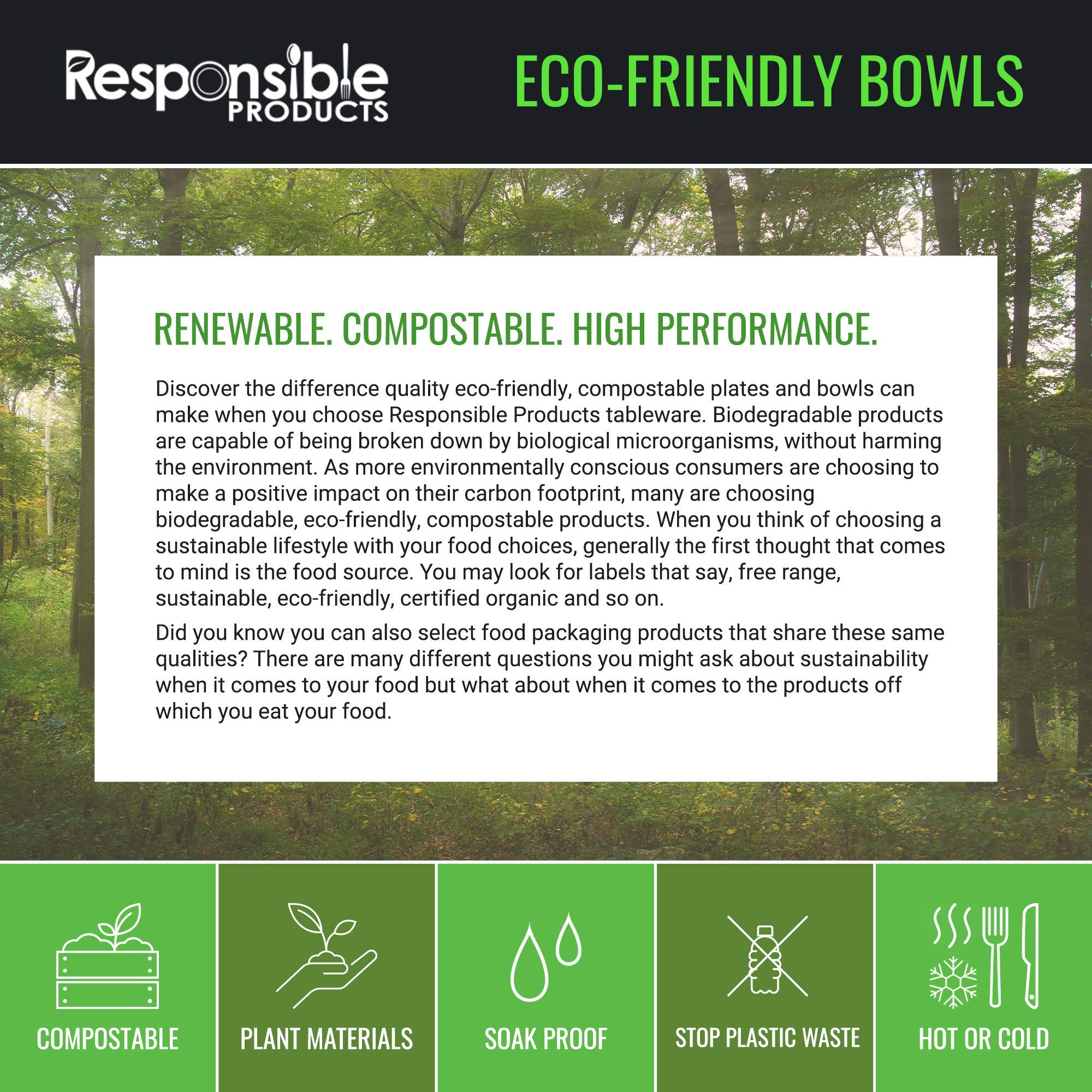 Responsible Products 48 oz Rectangle Bowls, Tree-Less™ Compostable Bowls, Extra Strength Tree-Free, Made from Natural Plant Fiber