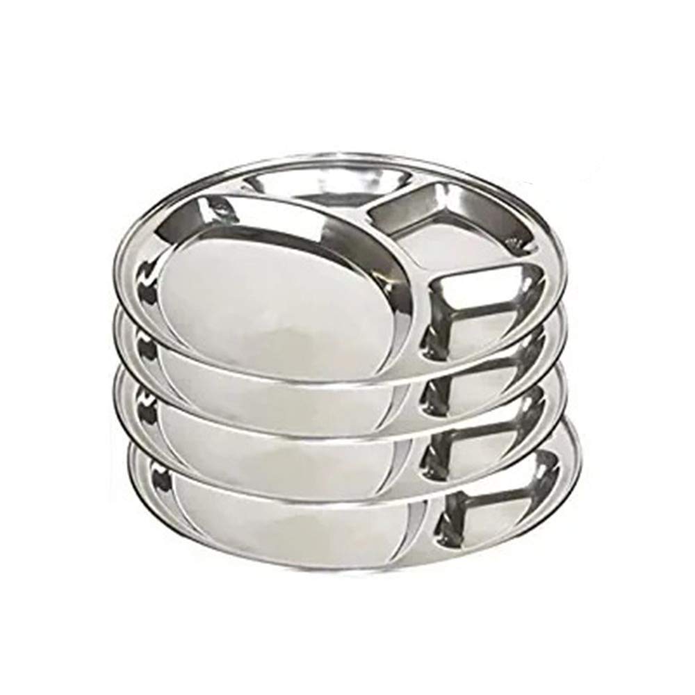 WhopperIndia Stainless Steel Round Dining Plate 4 Compartment Thali, stainless steel compartment plates , ss mess tray , Plates for Dinner Fruitss, Kitchen Dining Table Plate 4 Pcs 11.5 Inch