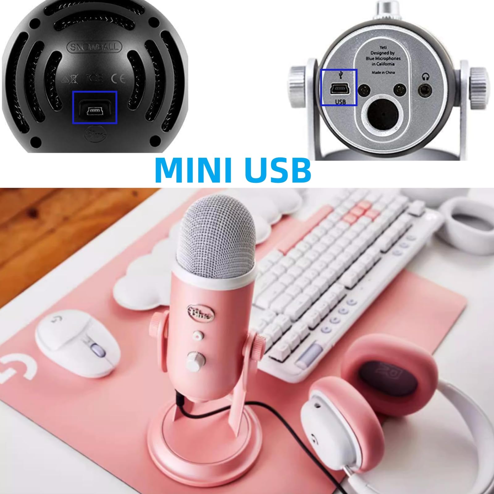 Sqrmekoko Power Cord Wire Mini USB Cable Compatible with Blue Yeti USB Mic Black Out, Blue Yeti MIC Recording Microphones, Blue Yeti Pro USB Microphone, Blue Snowball iCE USB Mic-2.6ft