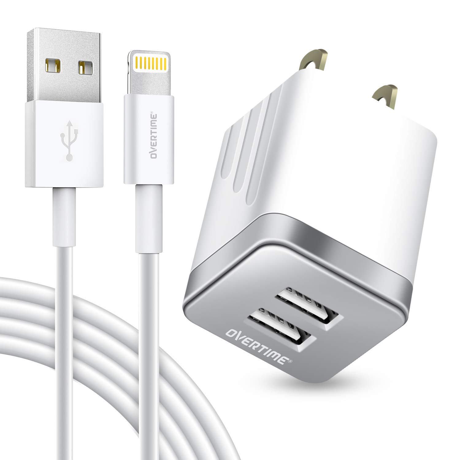 Overtime iPhone Charger Set, Apple MFi Certified Lightning Cable with Dual USB Wall Adapter 2.4 AMP Compatible w/iPhone 11 Pro Max XS XR X 8 7 6S 6 Plus SE AirPods iPad (Silver/White, 6ft)