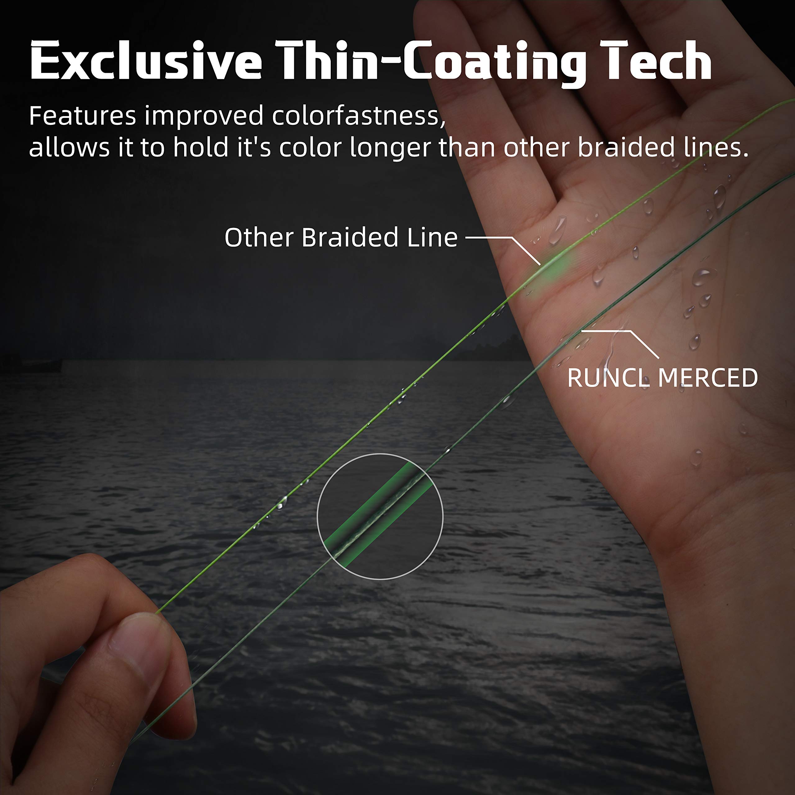 RUNCL Braided Fishing Line Merced, 4 Strands Braided Line - Proprietary Weaving Tech, Thin-Coating Tech, Stronger, Smoother - Fishing Line for Freshwater Saltwater (Moss Green, 20LB(9.1kgs), 500yds)