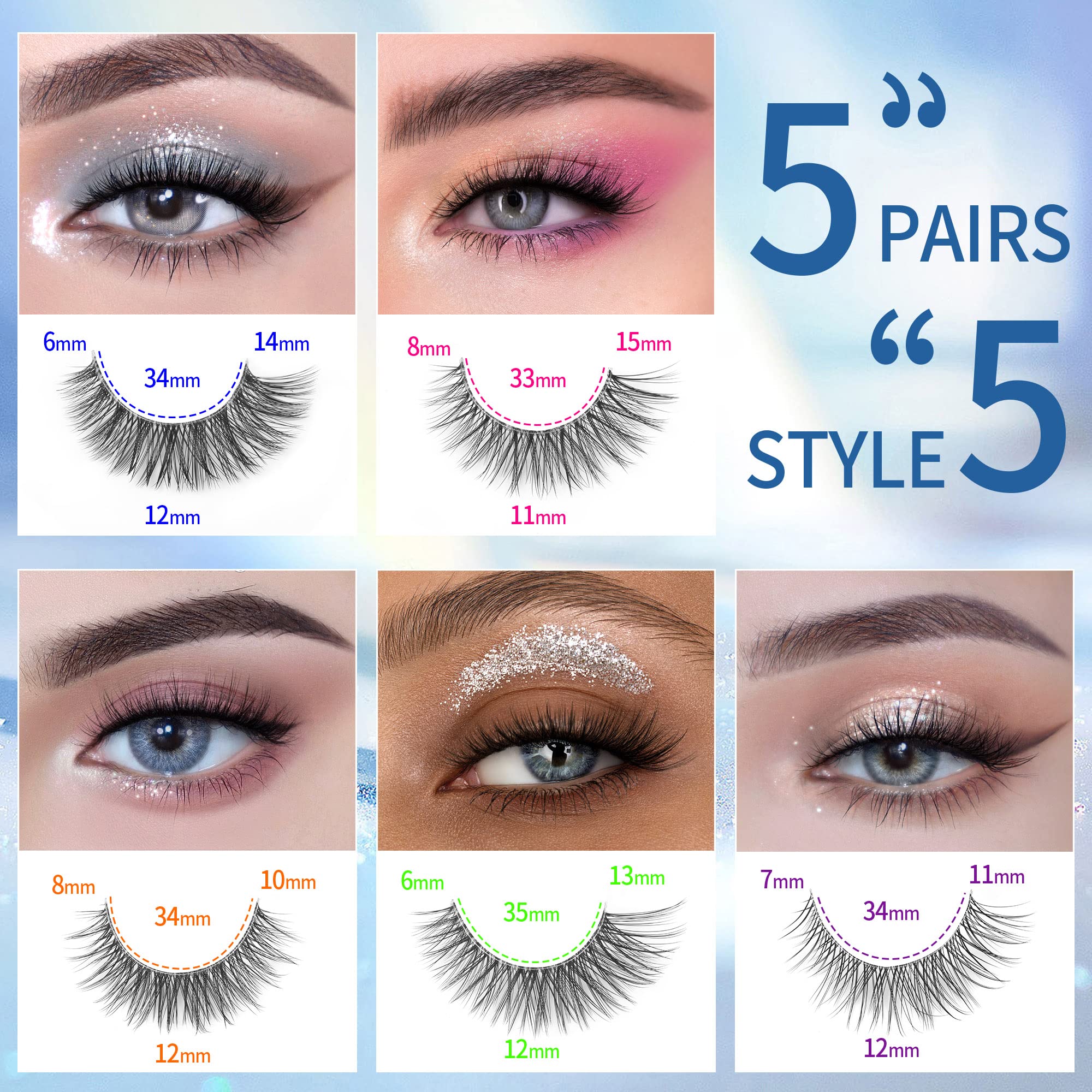 wiwoseo Eyelashes Natural Volume Extension DIY Individual Lashes Cat Eyes Clear Band Natural Wispy Fluffy Natural Looking with Glue & Tweezers Updated Technology Reusable Lashes 5 Pairs Pack