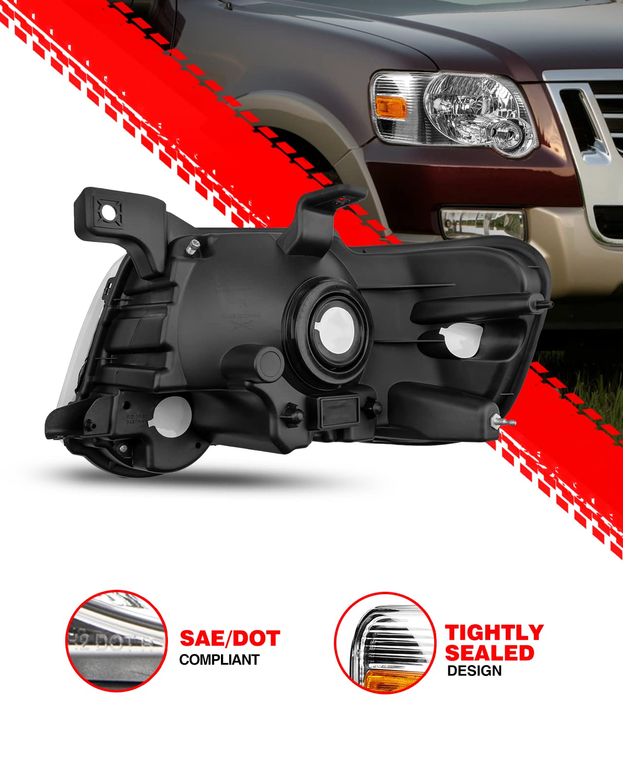 Torchbeam Replacement Headlight Assembly for 2006 2007 2008 2009 2010 Explorer Chrome Housing Clear Lens Amber Reflector Driver and Passenger Side