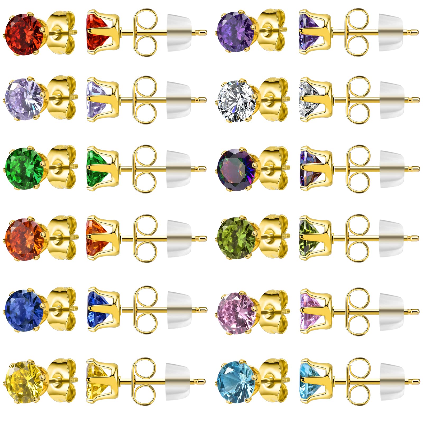 TIYAMILA Gold Plated Birthstone Stud Earrings 316L Stainless Steel CZ Stud Earrings for Women, Coloful Round Cubic Zirconia Stud Earrings, CZ Earrings Set 4mm, 5mm, 6mm, 7mm With Gift Box - 6MM