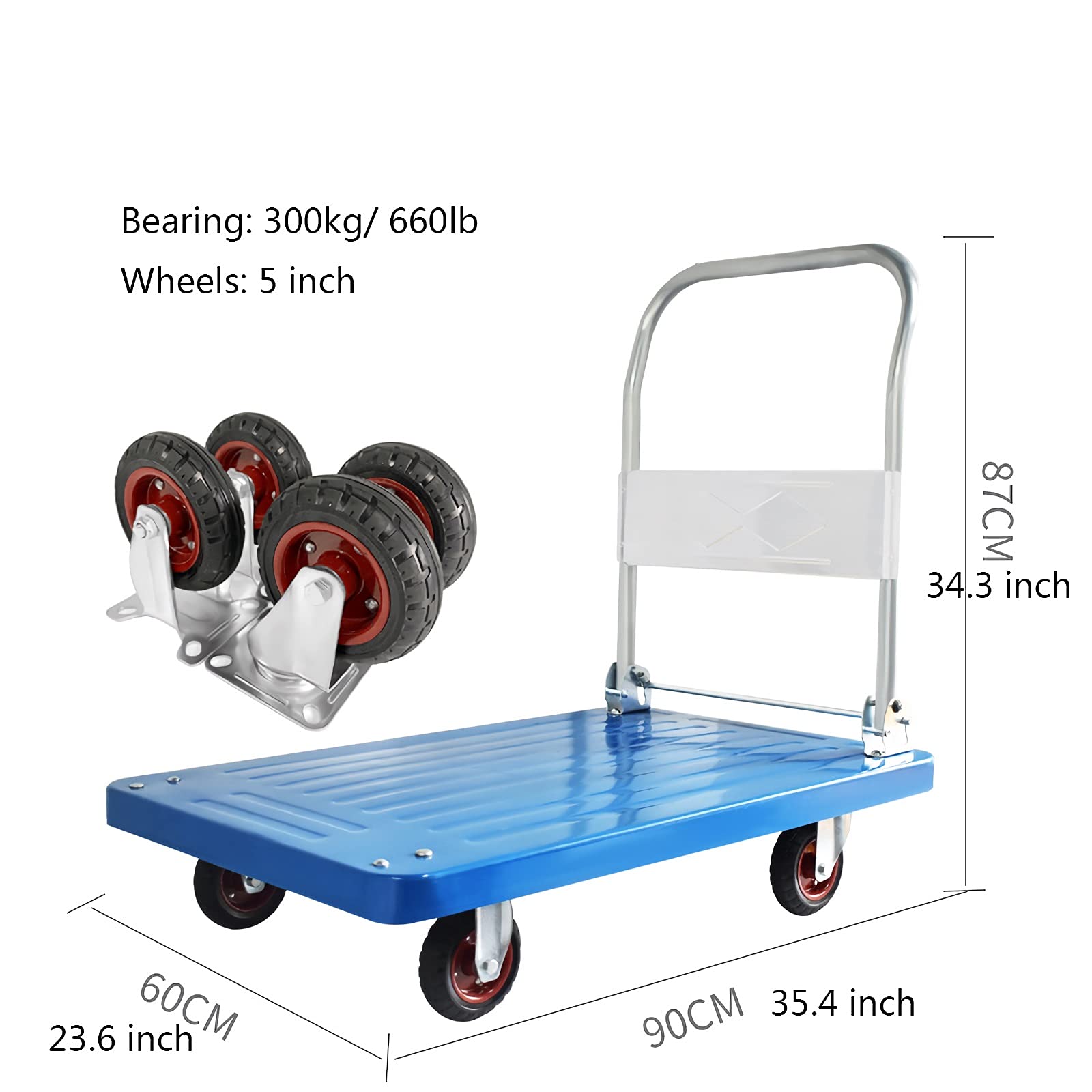 WALDOR Folding Hand Truck Platform Truck Steel and Plastic 2-Layer Deck Push Cart with 4 Wheels and Foldable Handle Large Load Capacity Dolly for Moving Portable Dolly for Moving (Size : 660lb)