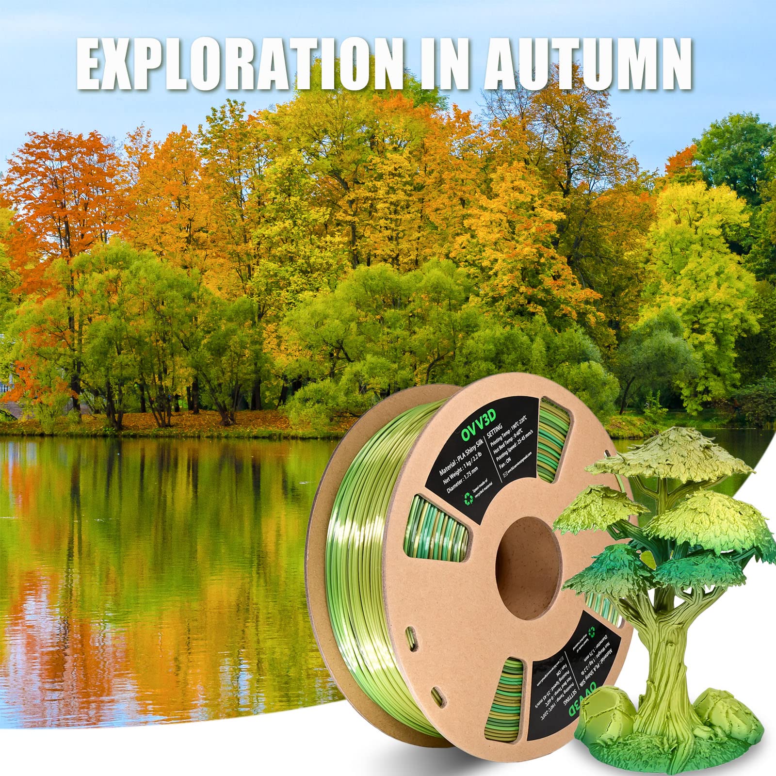 OVVNYXE OVV3D PLA Filament 1.75mm, 3D Printer Autumn, Silk 1.75mm +/- 0.02mm, Printing Rainbow Filament, Plus Multicolor PLA+ Green Yellow, 1kg