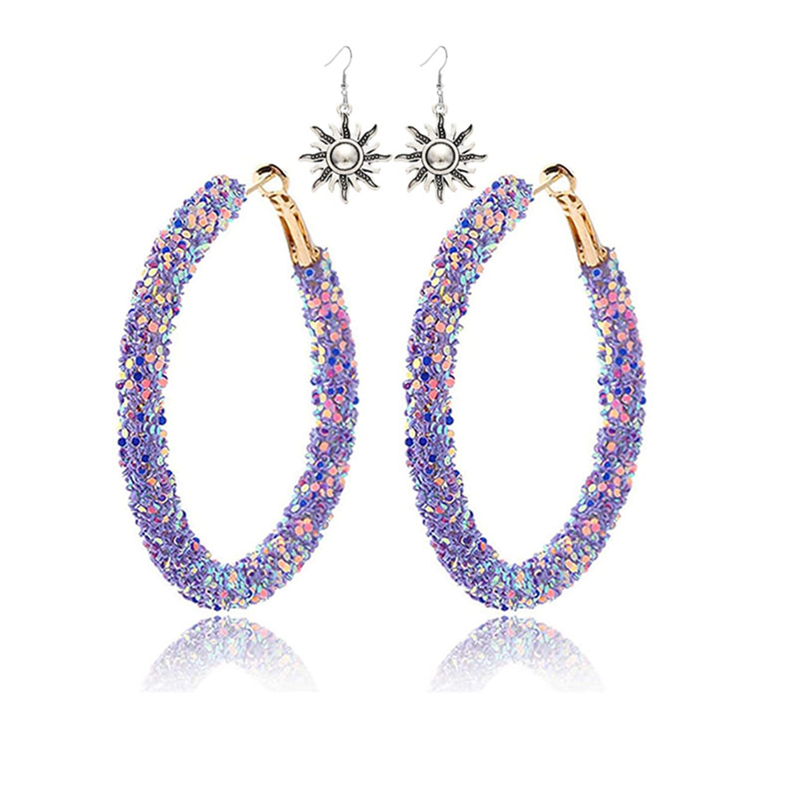 Sequins Hoop Earrings for Women Girls Handmade Bohemian Glitter Wrapped Gold Plated Dangle Drop Earring Circle Sequin Statement Earrings Boho Jewelry (Purple)