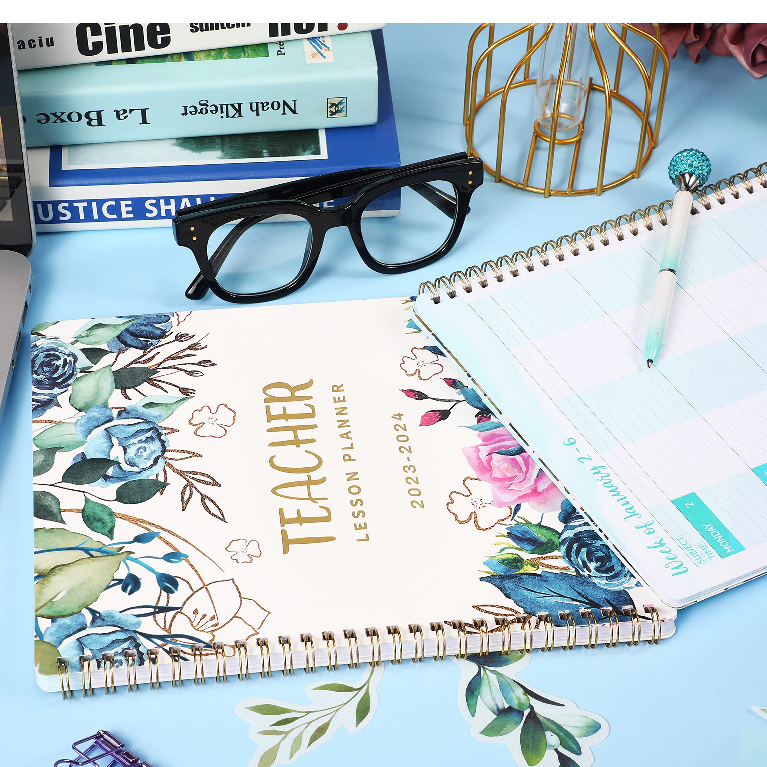 Teacher Planner 2023-2024 - 2023-2024 Weekly & Monthly Lesson Plan Book, July 2023 - June 2024, 8" x 10", Academic Planner 2023-2024 with Twin-Wire Binding for Teachers - Ink-painting Roses