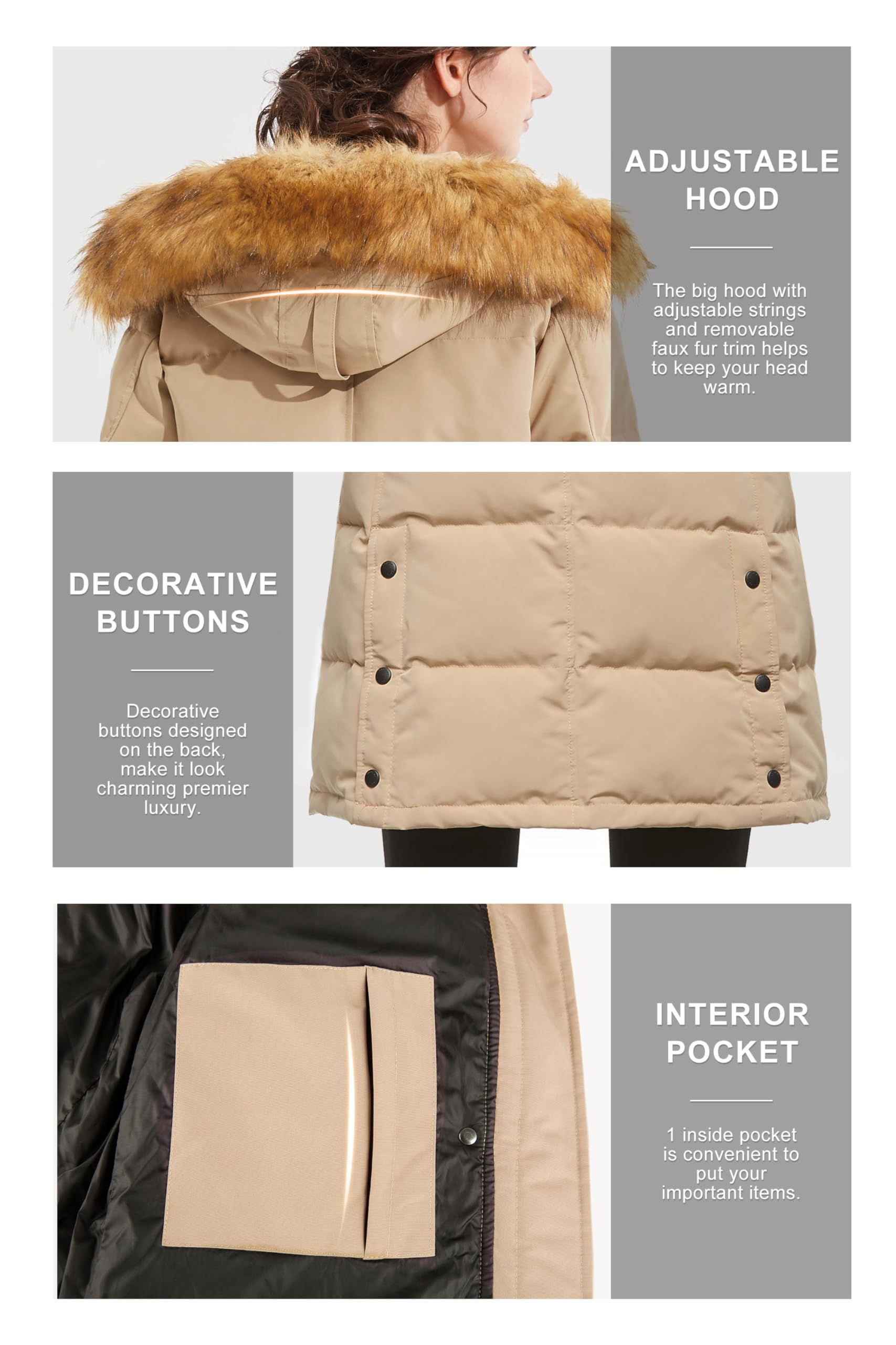 Orolay Women's Thickened Down Coat with Adjustable Hood Warm Winter Jacket Beige
