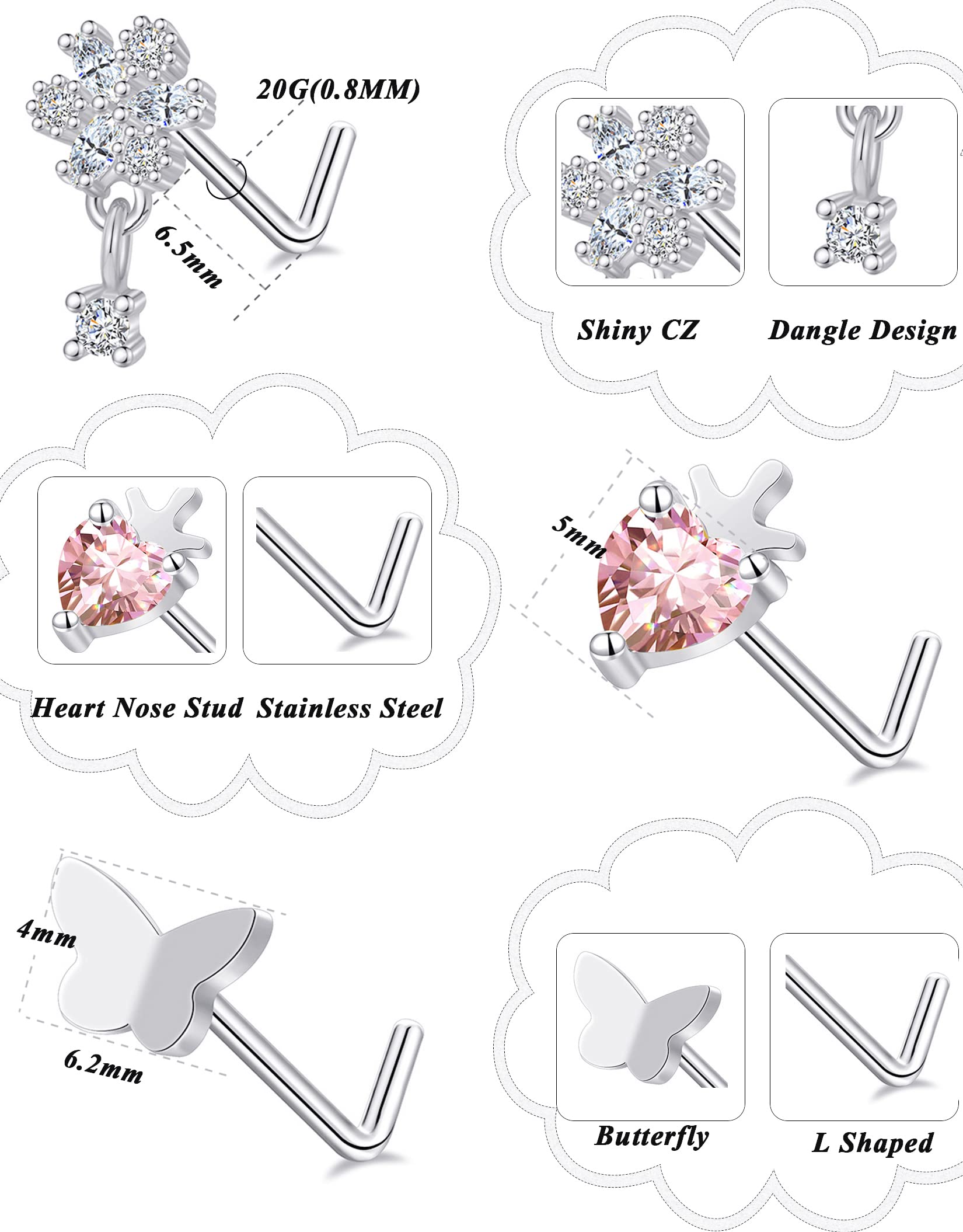 Tornito 12Pcs Nose Ring Nose Stud L Shaped Snake Butterfly CZ Flower Moon Dangle Nose Rings Stud for Women Men Silver Tone 20G