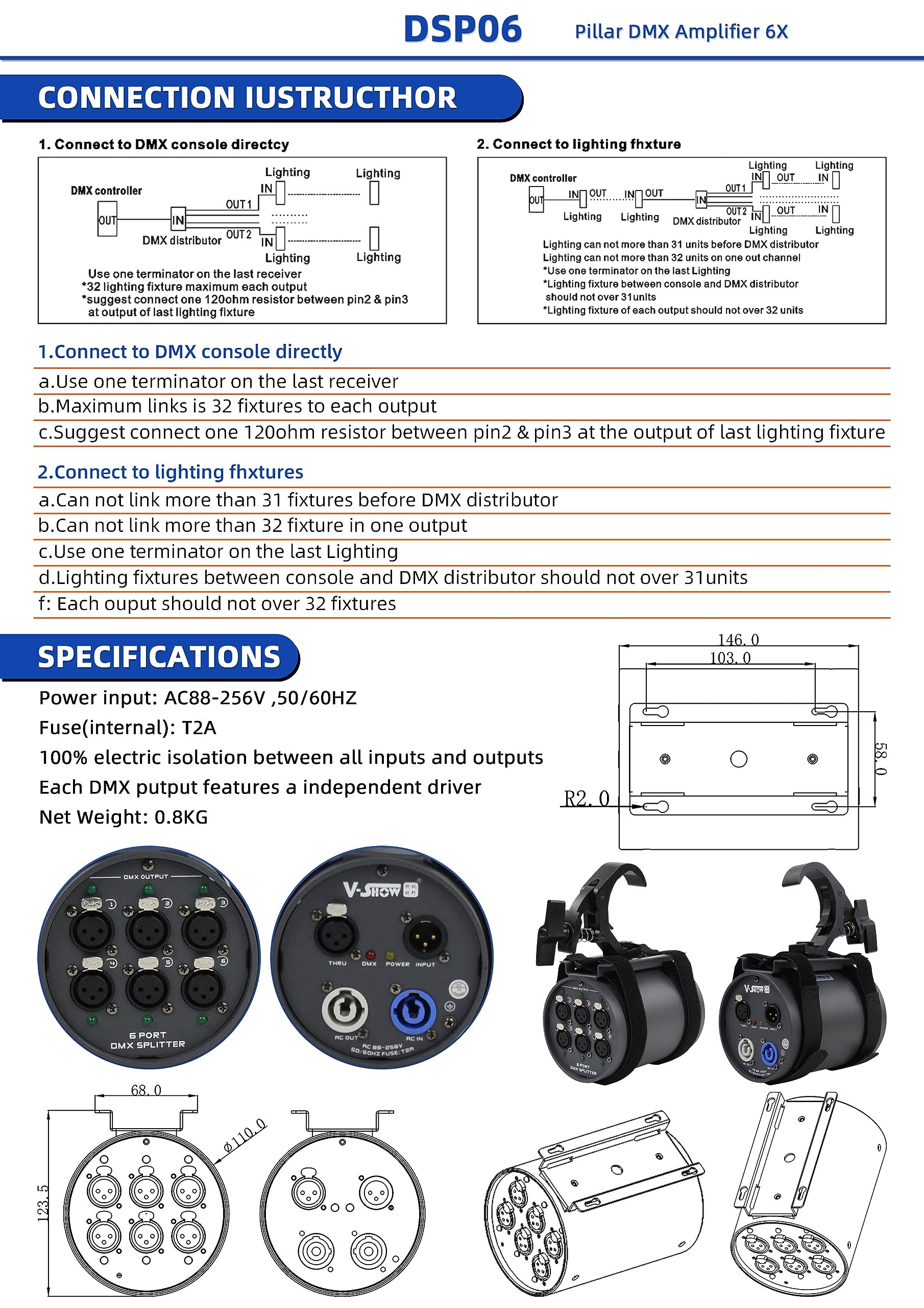 V-Show 6 Way Isolated DMX Splitter - 6 Branch Universal Splitter Amplifier Distributor 3Pin Outputs for DMX Signals.