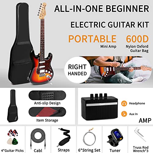 TOSTAR Electric Guitar Kit, 39 Inch Solid Right Hand Guitar Electric for Beginners with Amp + Straps + 4*Guitar Picks + 6*String Set + Tuner + Cable + Electric Guitar Bag (Sunburst)