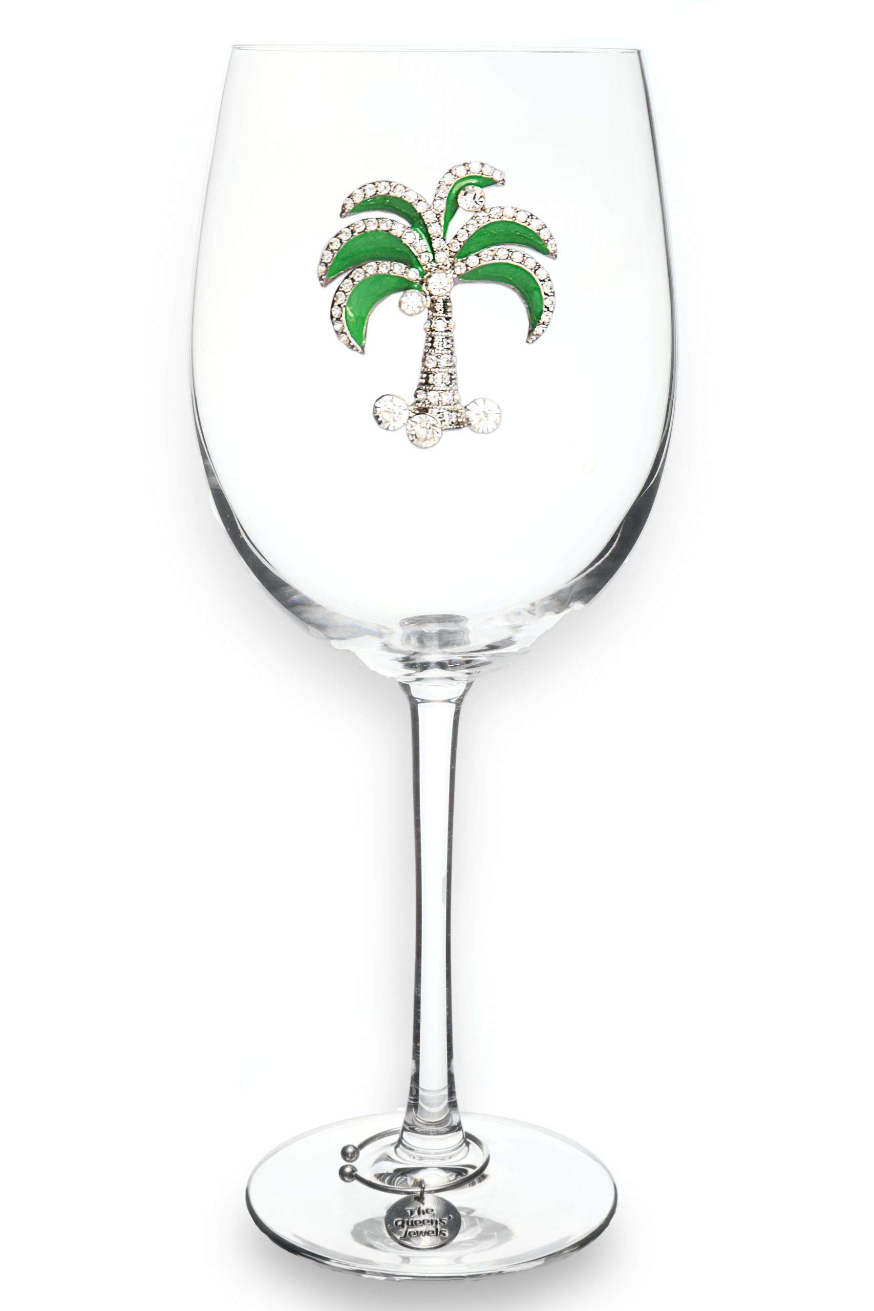 THE QUEENS' JEWELS Green Diamond Palm Tree Wine Glass (stemmed) - 21 oz. - Tropical Getaway with Rhinestone Glam - Hand-Decorated Glassware – Not Painted - Dazzling and Unique