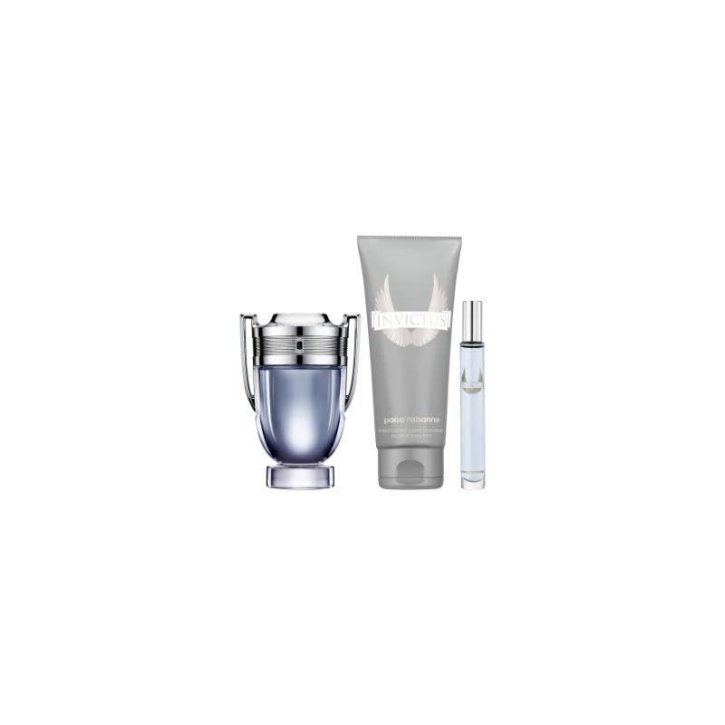 Paco Rabanne INVICTUS 3-Piece Tin Box Set for Men, (3.4 Oz Eau De Toilette Spray + 3.4 Oz All Over Shampoo + 0.33 Oz Eau De Toilette Miniature Spray)