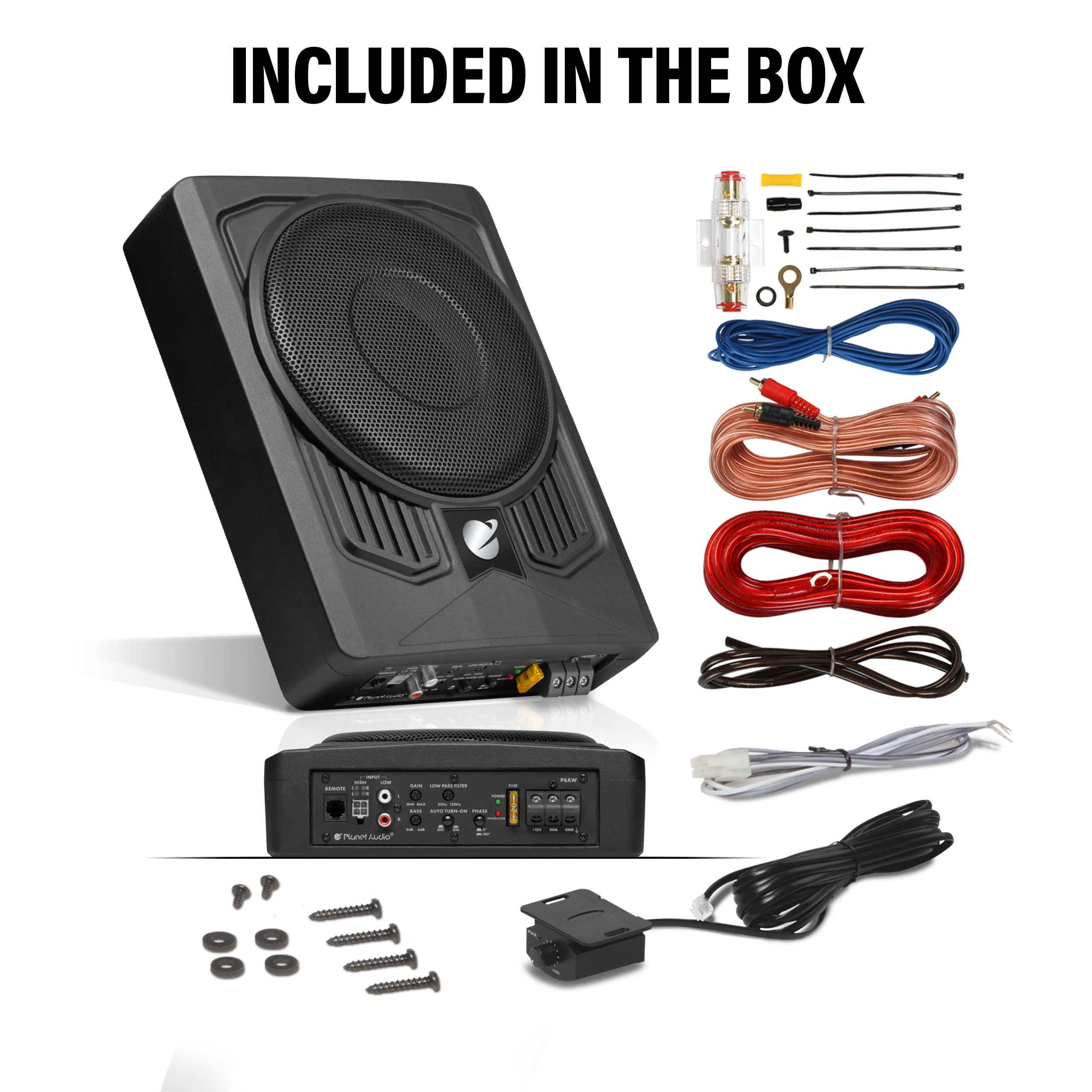 Planet Audio P8AWK Low Profile 8 Inch Under Seat Powered Car Subwoofer - 800 High Output, Built-in Amplifier, for Truck, Boxes and Enclosures, Remote Subwoofer Control