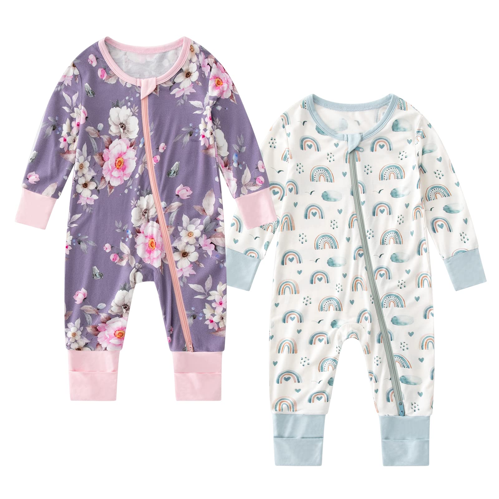 OPAWO Viscose from Bamboo Onsies for Baby Girls' One-Piece Rompers with 2 Way Zipper Mittens Cuff Infant Footless Sleep 'N Play6-12 Month