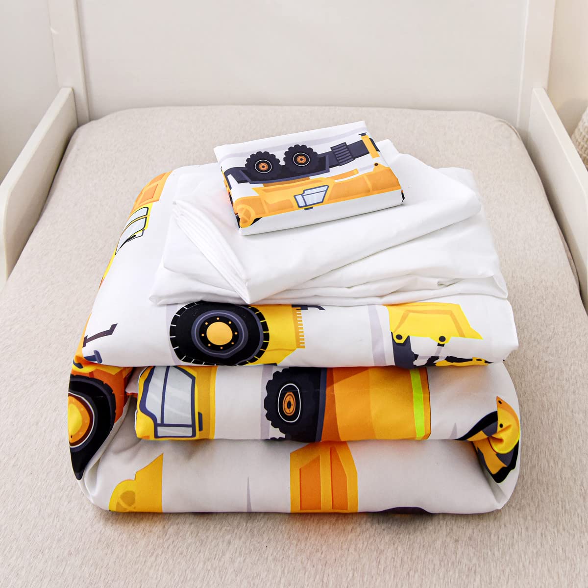 NTBED 4 Pieces Construction Toddler Bedding Set for Baby Boys, Truck Vehicles Excavator Cars Printed, includes Comforter, Flat Sheet, Fitted Sheet and Pillowcase,White