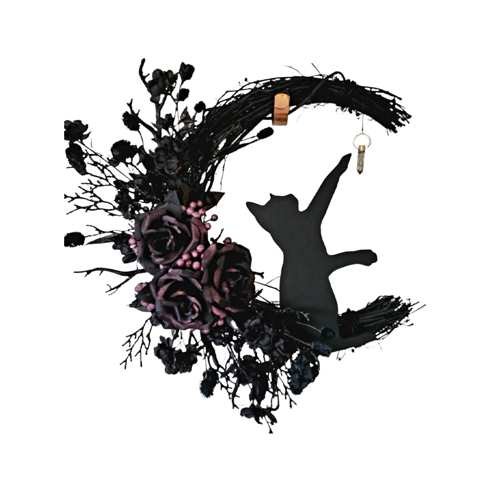 Teahutty Halloween Moon Cat Garland with Rose, Black Cat Halloween Wreaths for Front Door, Hanging Decorative Garland for Indoor Outdoor Holiday Farmhouse Porch Decoration