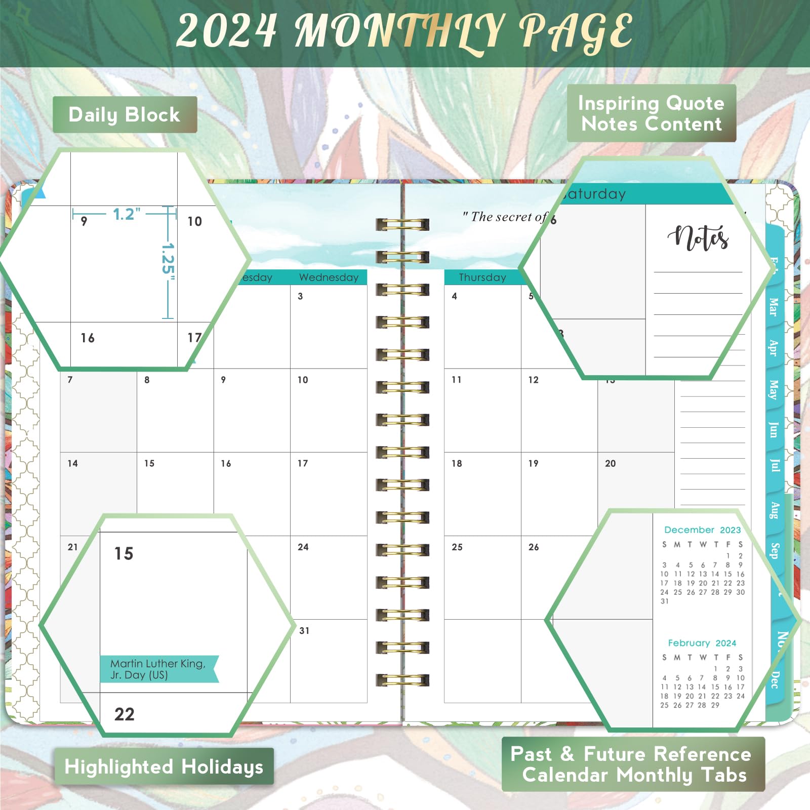 Planner 2024 - JAN. 2024 - DEC. 2024, 2024 Planner, Planner 2024, Weekly & Monthly Planner 2024 with Tabs, 6.3" x 8.4", Hardcover with Back Pocket + Thick Paper + Twin-Wire Binding - Watercolor Tree