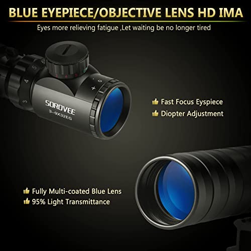 SOROVEE Rifle Scope 3-9x32 Combo,Red/Green Illuminated Range Finder Reticle,Tactical Gun Scopes with Reflex Sight 4 Reticle and Green Laser,Airsoft Scopes for Long Range Shooting/Hunting.